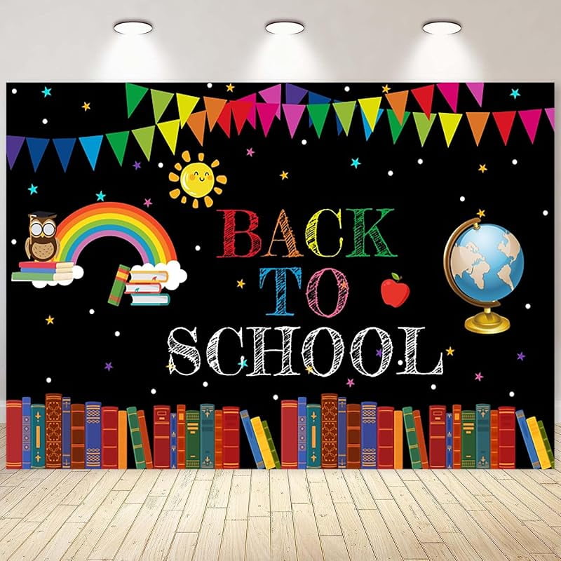 Welcome Back to School Backdrop Black Chalkboard Colorful Flags Rainbow ...