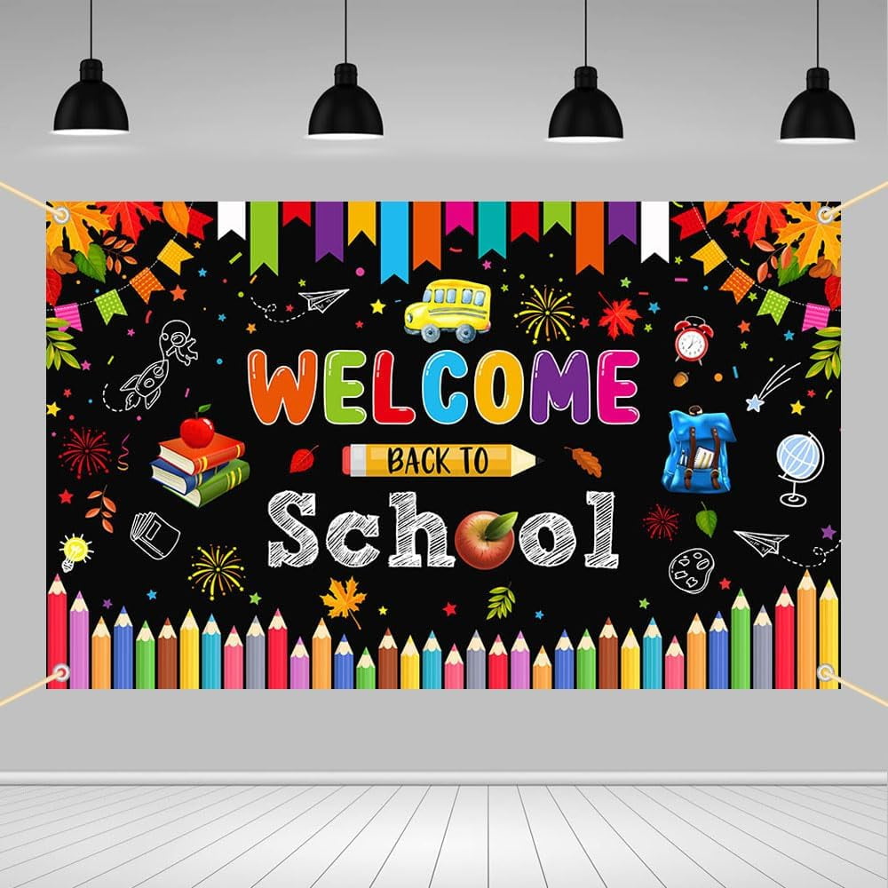 Welcome Back to School Backdrop Black Maple leaf Classroom Photography ...