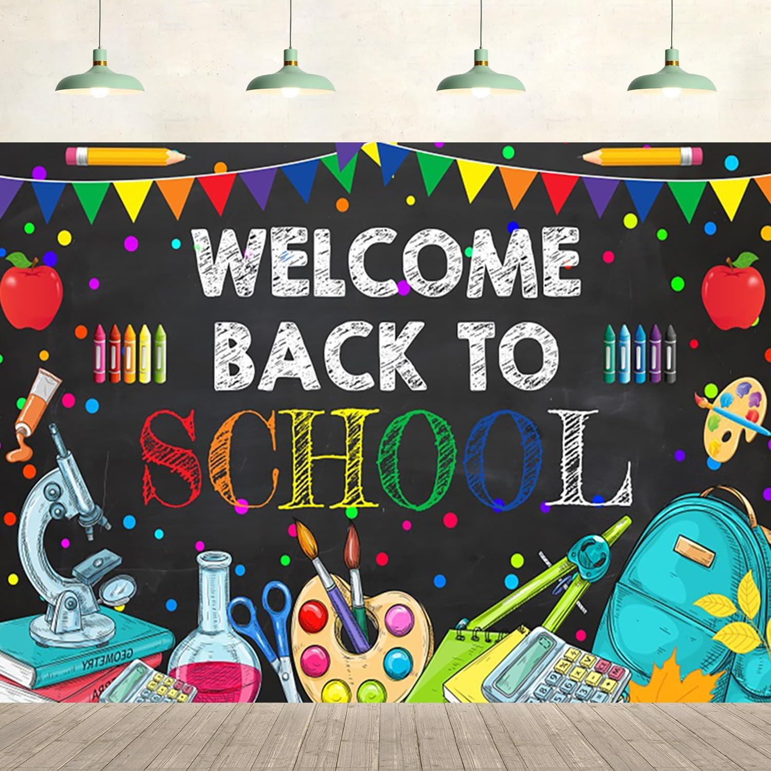 Welcome Back to School Backdrop Blackboard Colorful Stationery First ...