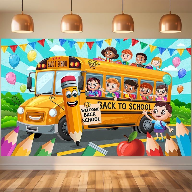 Welcome Back to School Backdrop Cartoon School Bus First Day of School ...