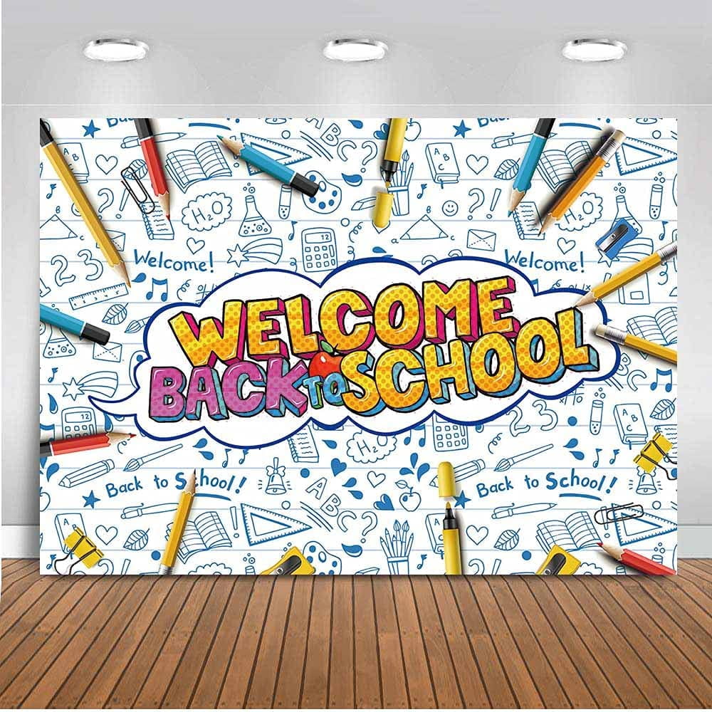 Welcome Back to School Backdrop First Day of Kindergarten White Blue ...