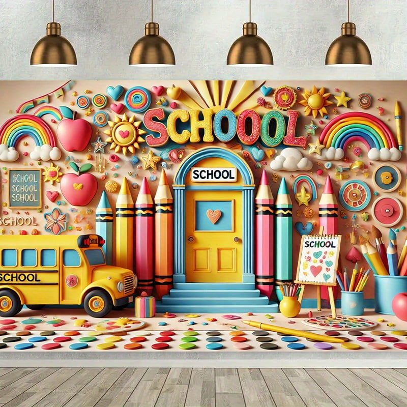 Welcome Back to School Backdrop Rainbows Colorful Pencils First Day of ...