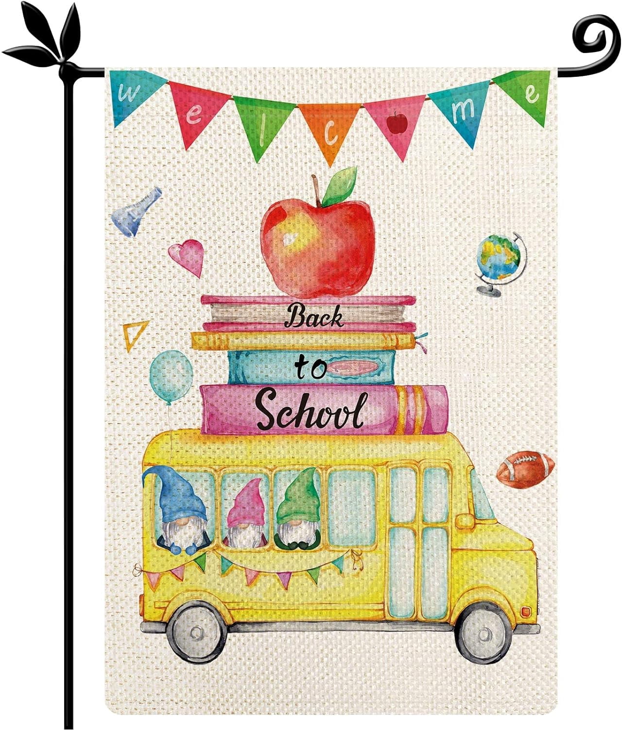 Welcome Back To School Garden Flag, School Bus Apple Gnome Garden Flag ...