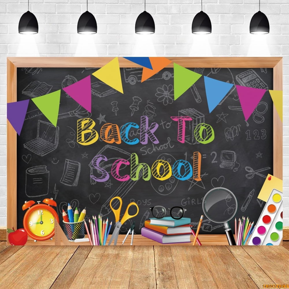 Welcome Back To School backdrop Black Chalkboard Globe Pcil Book ...