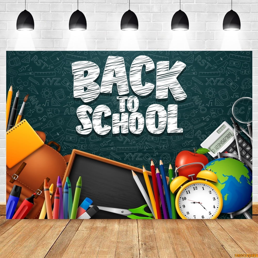 Welcome Back To School backdrop Black Chalkboard Globe Pcil Book ...