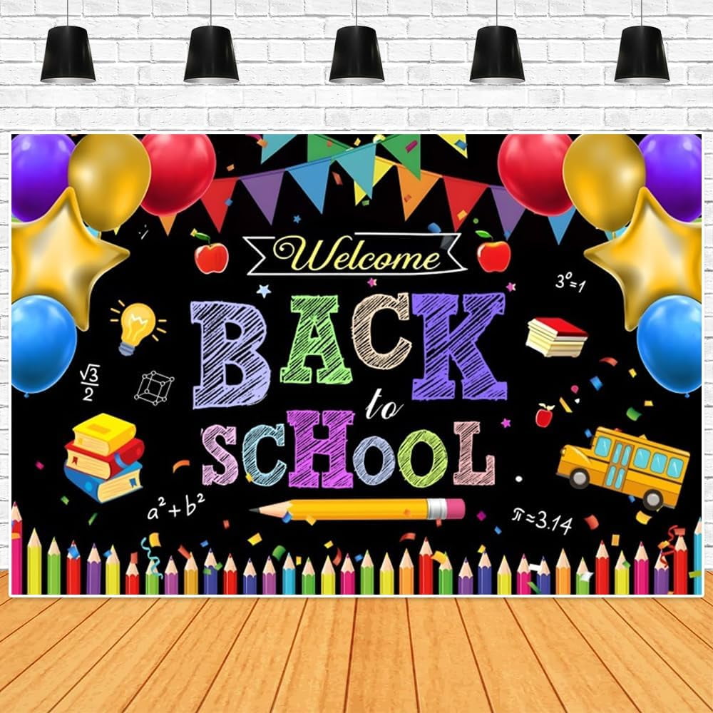 Welcome Back to School Backdrop for Photography Blackboard Colored Pens Balloons School Party ...
