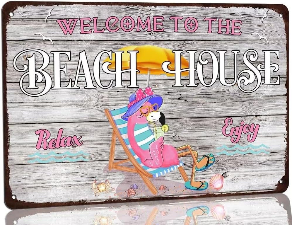 Welcome To The Beach House Metal Tin Sign Flamingo Themed Wall Decor ...