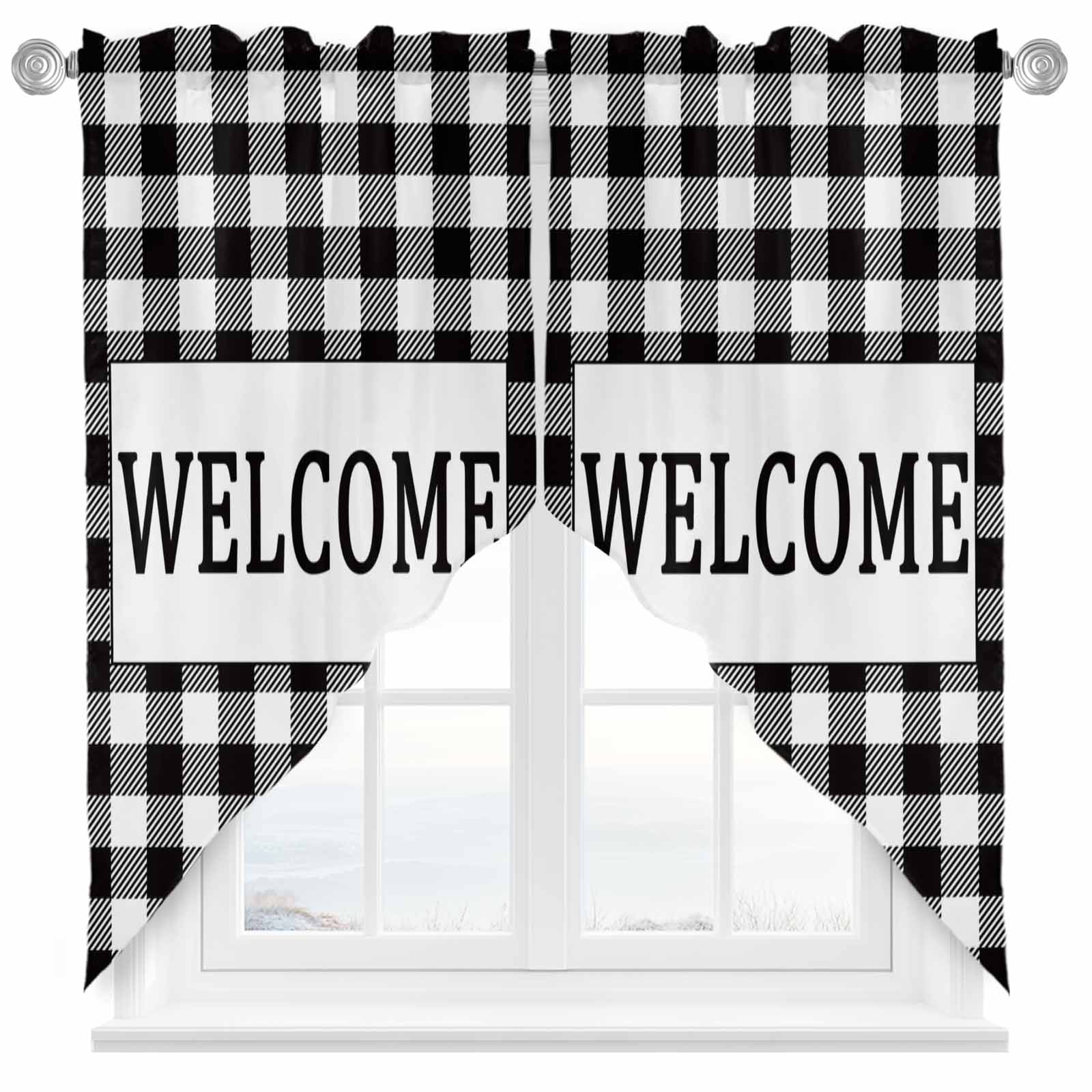 Welcome Black Swag Valances for Windows 2 Pack White Buffalo Check ...