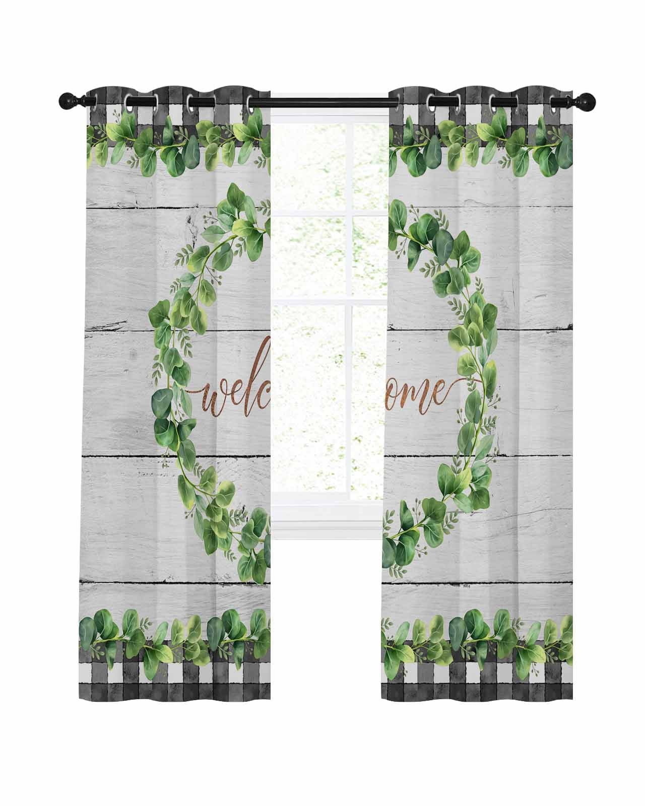 Welcome Blackout Curtains 96 Inch Length Spring Eucalyptus Leaf Plaid ...