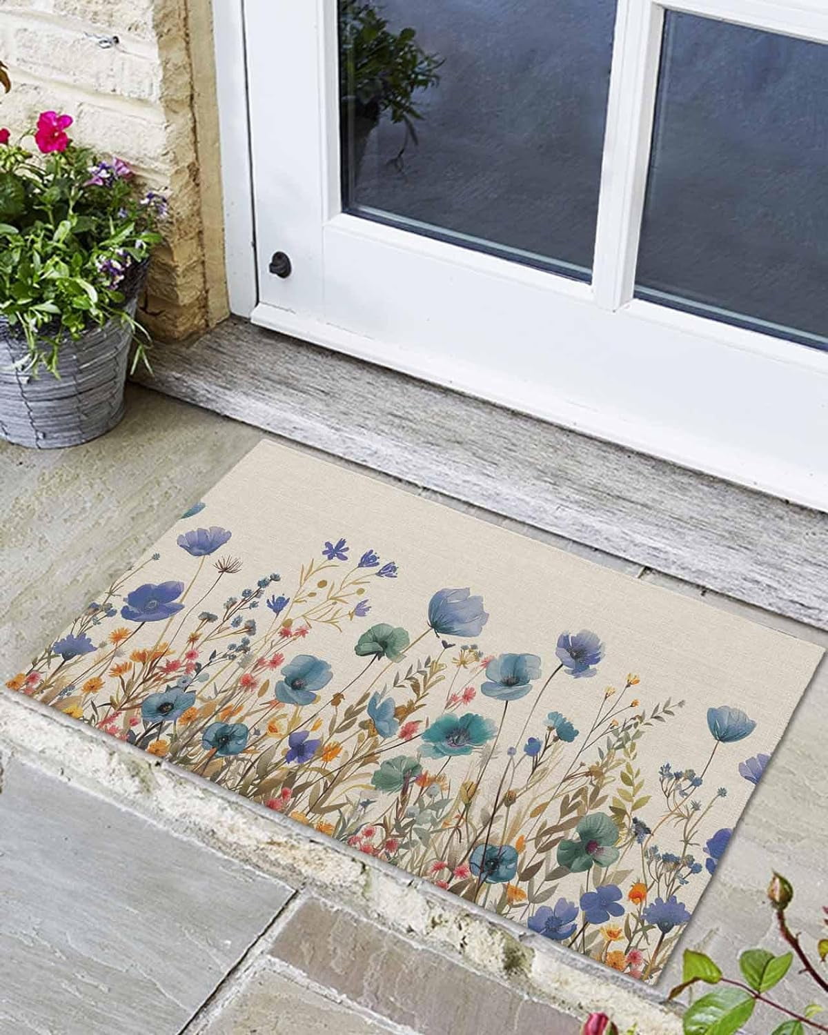 Welcome Blue Floral Leaves Flower Chrysanthemum Farmhouse Doormat Front ...