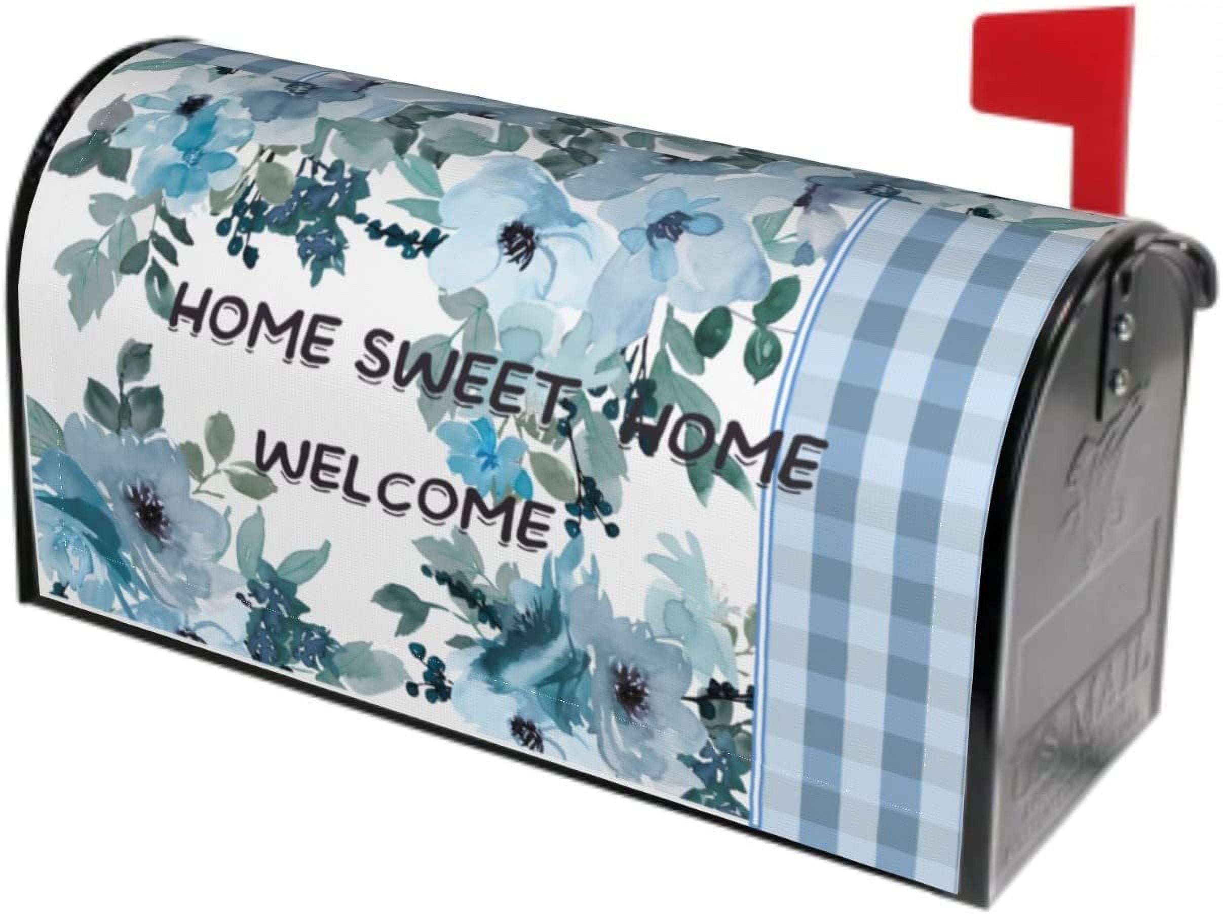 Welcome Blue Flowers Spring Mailbox Cover Plaid Buffalo Blue and White ...