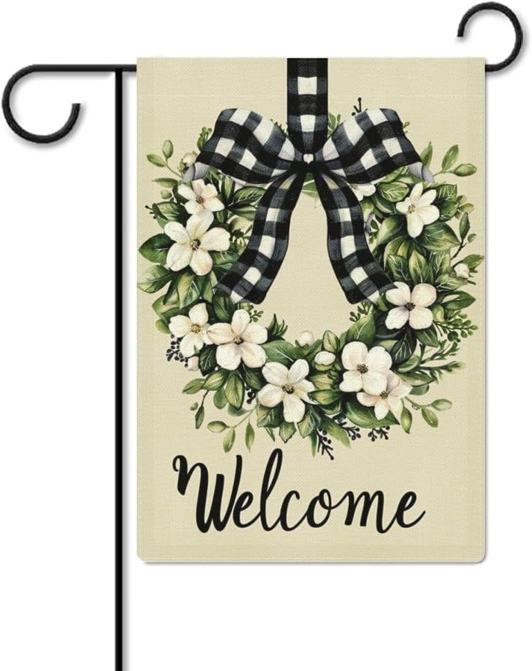 Welcome Boxwood Wreath Burlap Garden Flag for Outside Home Yard Sign ...