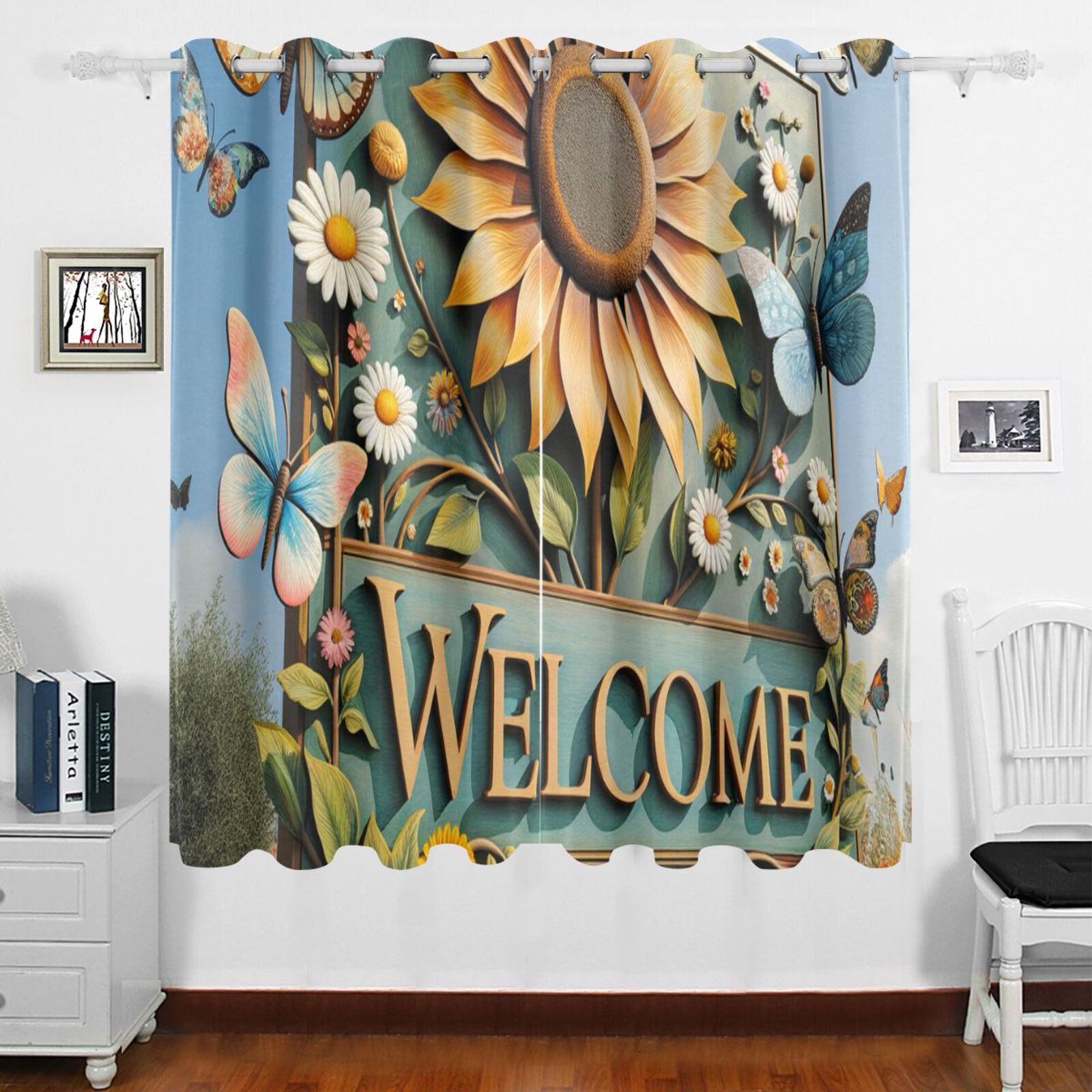 Welcome Butterfly Sunflower Curtains Grommet Black Out 63 Inch Length ...