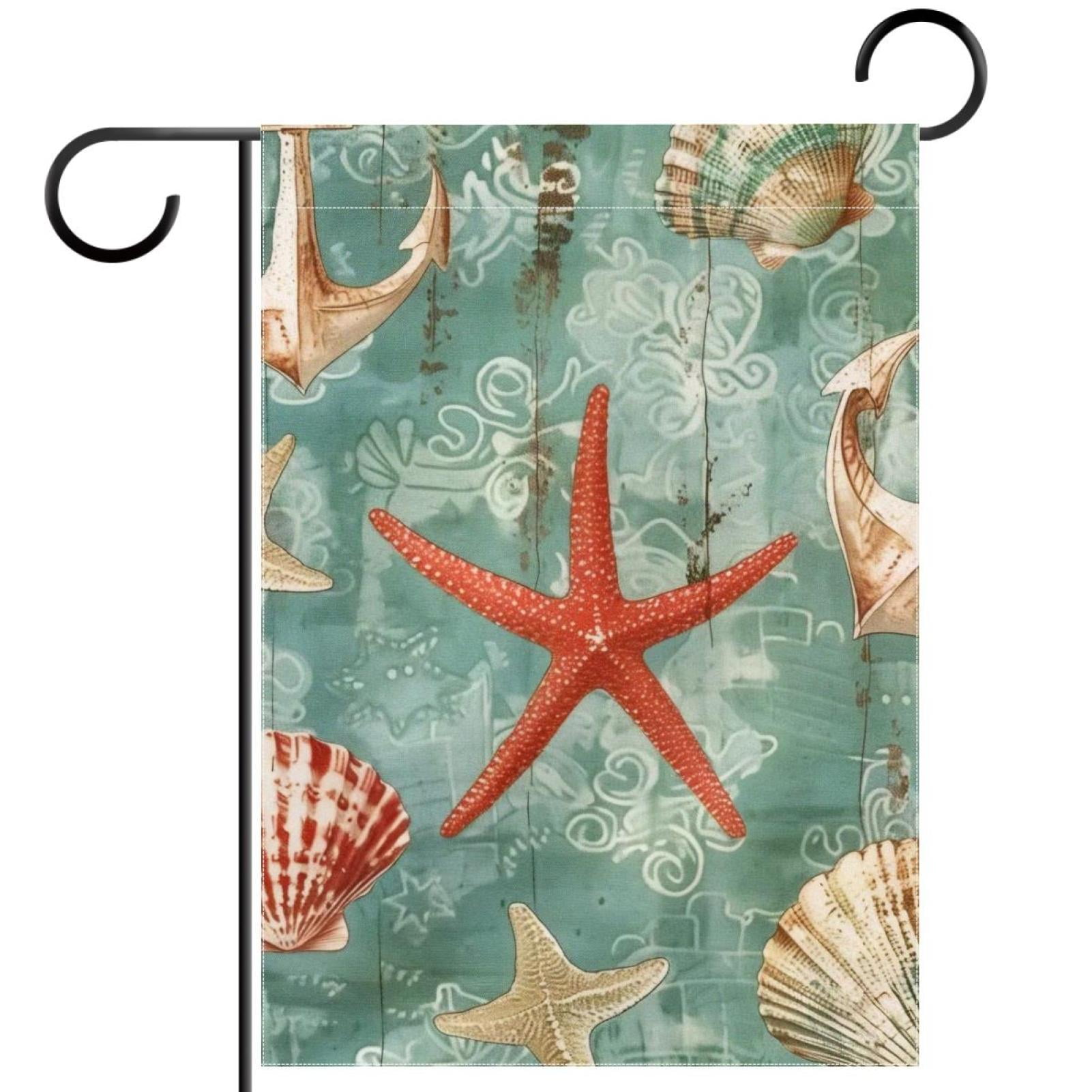 Welcome Coastal Vintage Green Retro Starfish Seashells Garden Flag ...