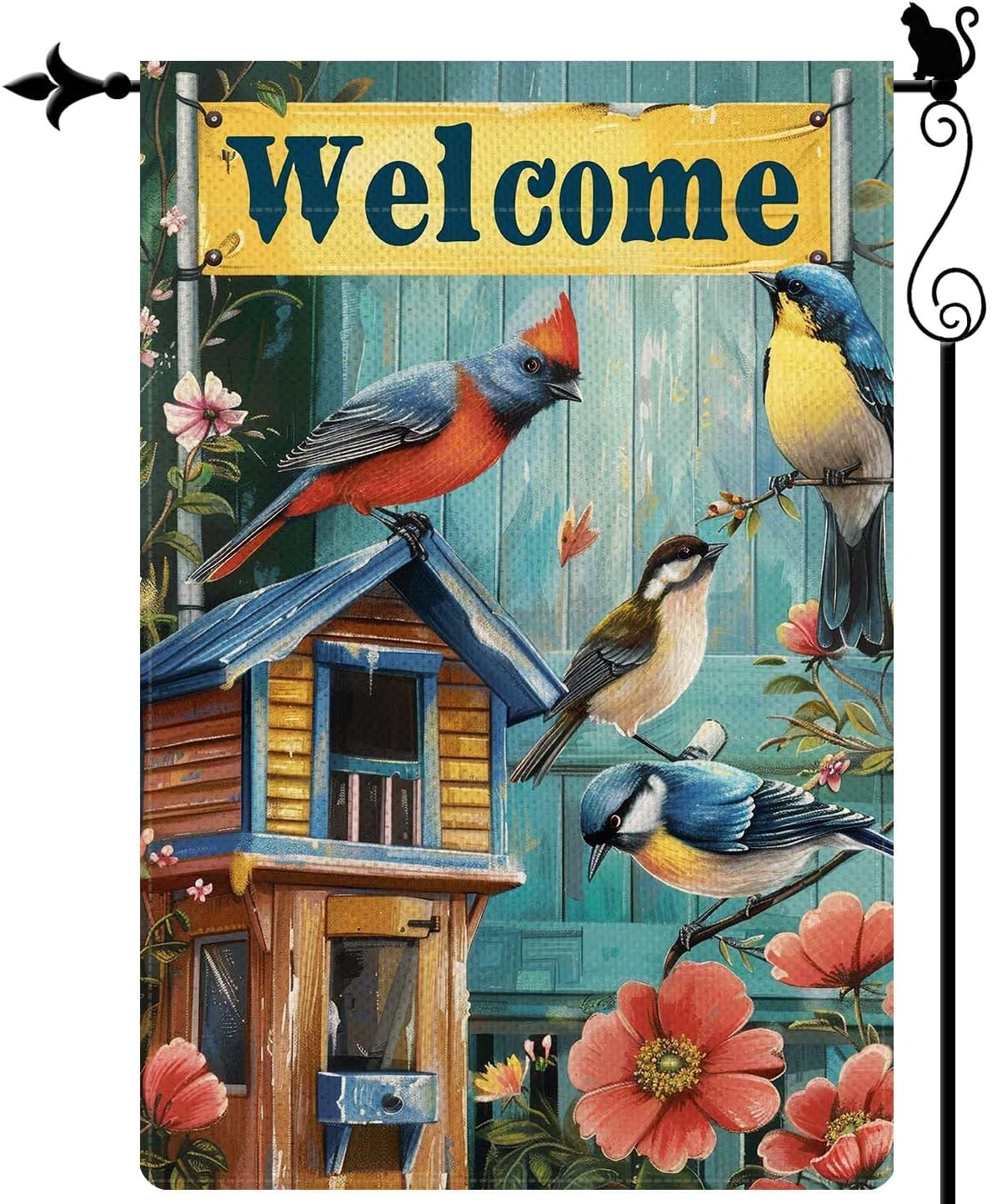 Welcome Colorful birds Birdhouses Spring Garden Flag Vertical Double ...