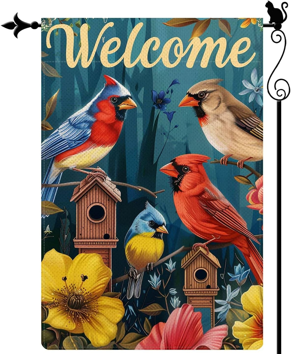 Welcome Colorful birds Birdhouses Spring Garden Flag Vertical Double ...