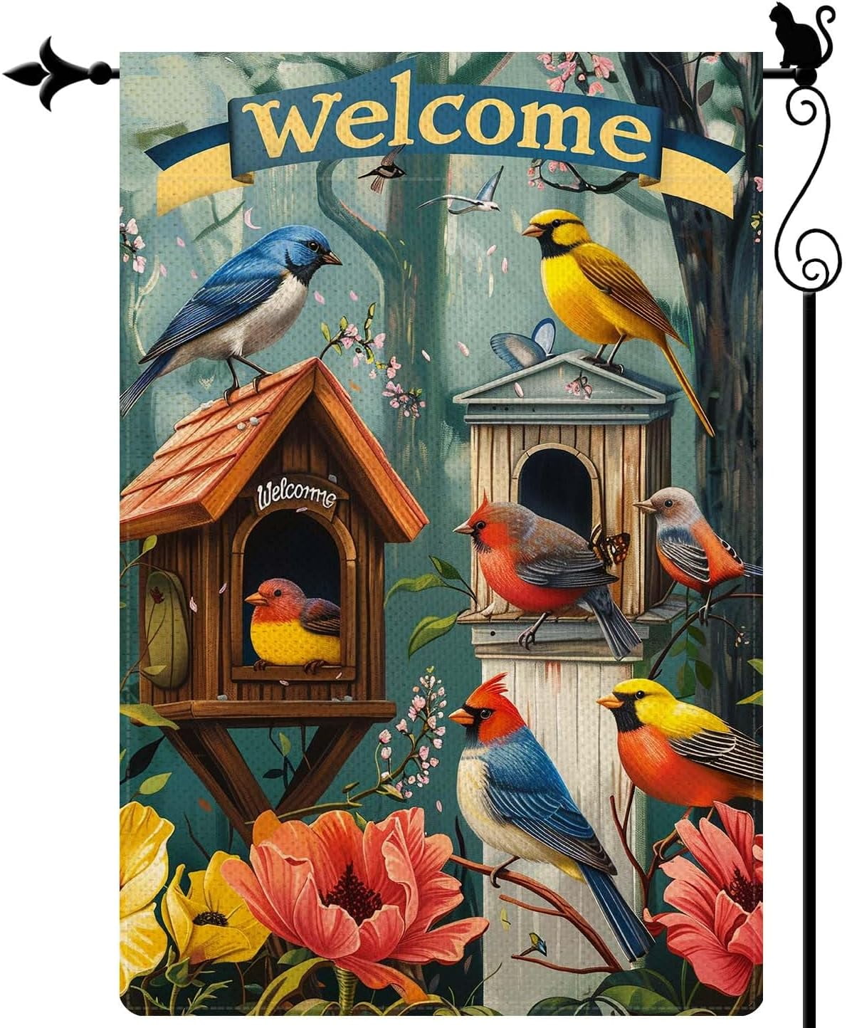 Welcome Colorful birds Birdhouses Spring Garden Flag Vertical Double ...