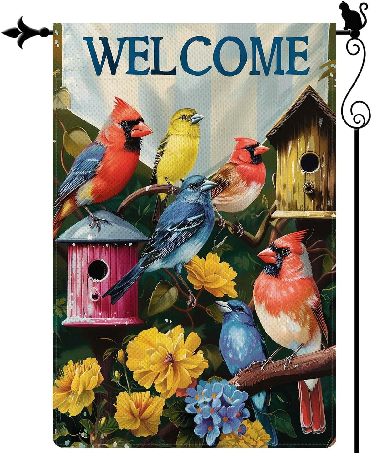 Welcome Colorful birds Birdhouses Spring Garden Flag Vertical Double ...