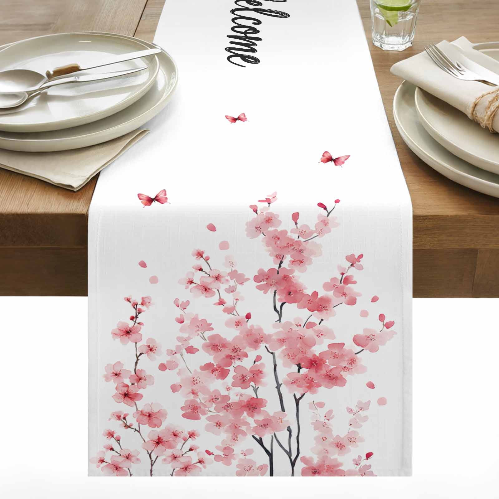 Welcome Cotton Linen Table Runner Spring Watercolor Gradient Pink ...