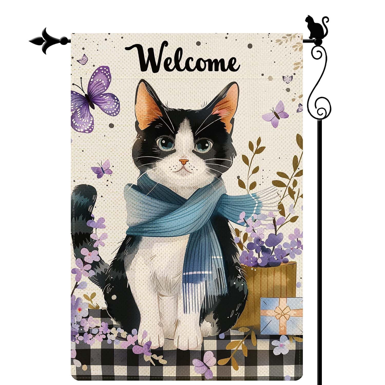 Welcome Cute Black and white cat Spring Garden Flag Vertical Double ...