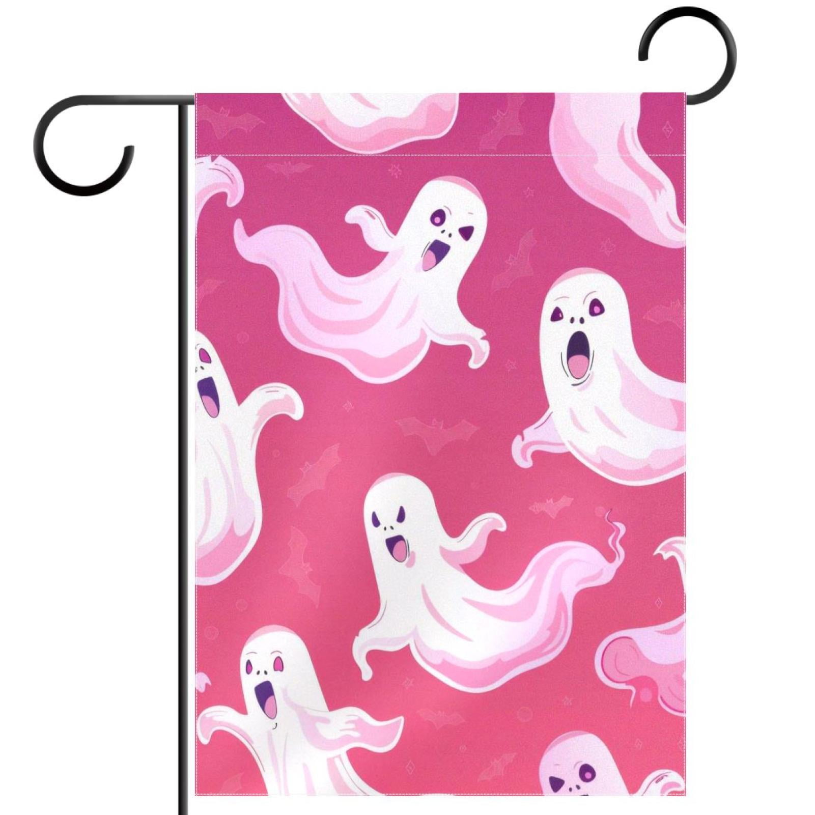 Welcome Cute Halloween Flying Ghosts on Pink Background Garden Flag ...