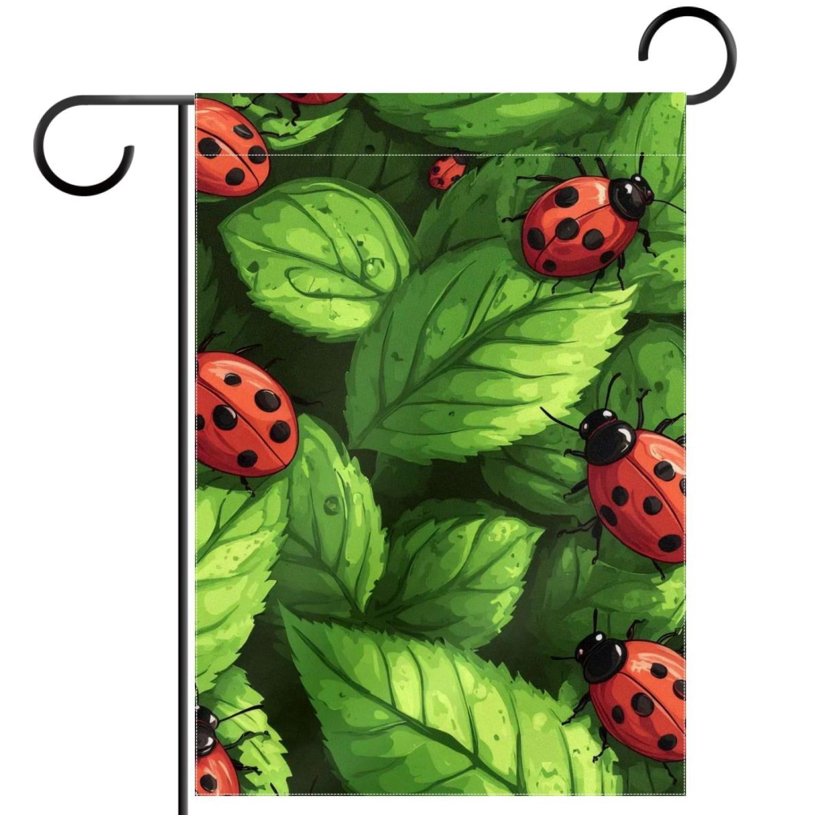 Welcome Cute Lady Bugs on Green Leaves Garden Flag, Vertical Double ...