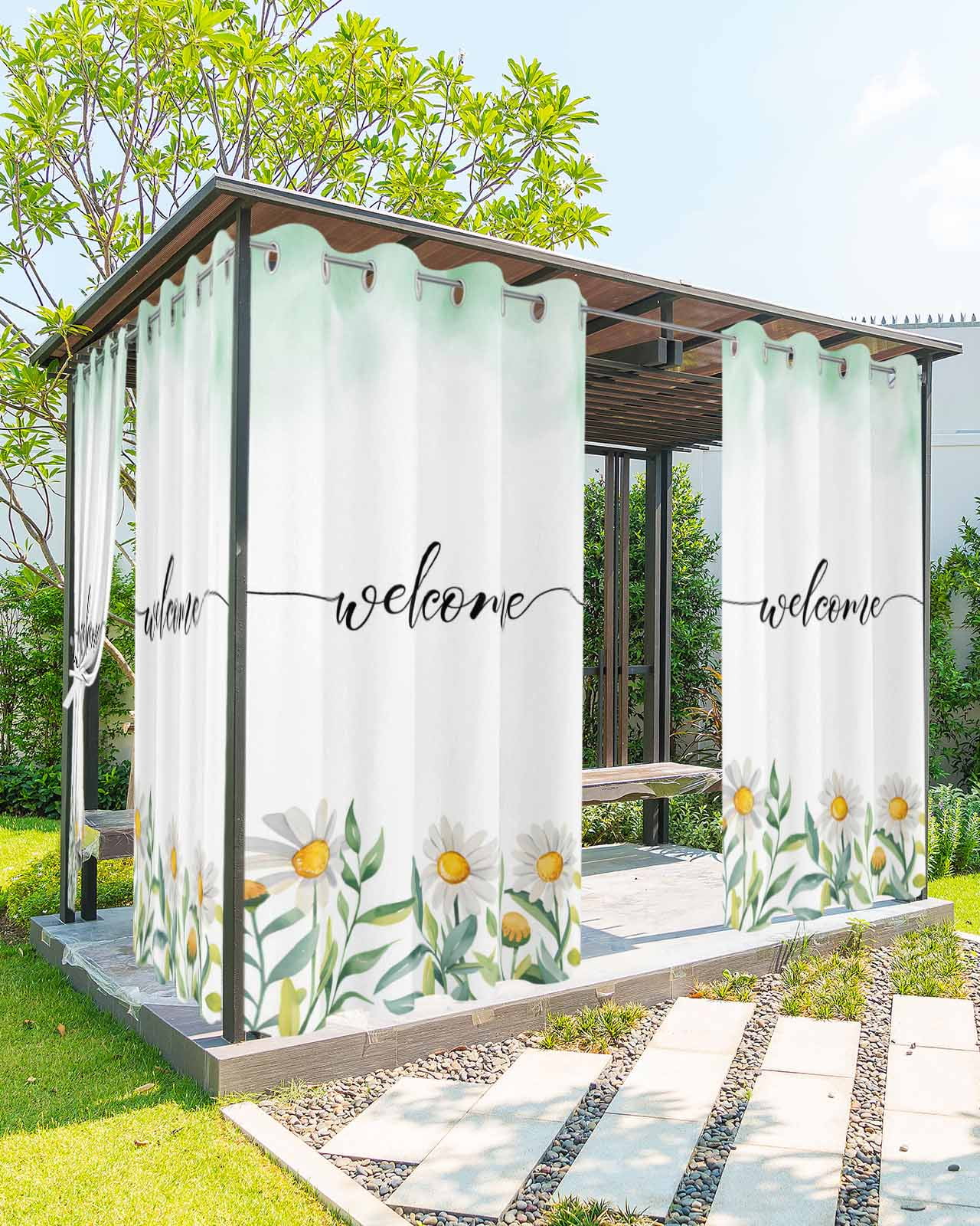 Welcome Daisy Outdoor Curtains for Patio, Flower Pastoral Green ...