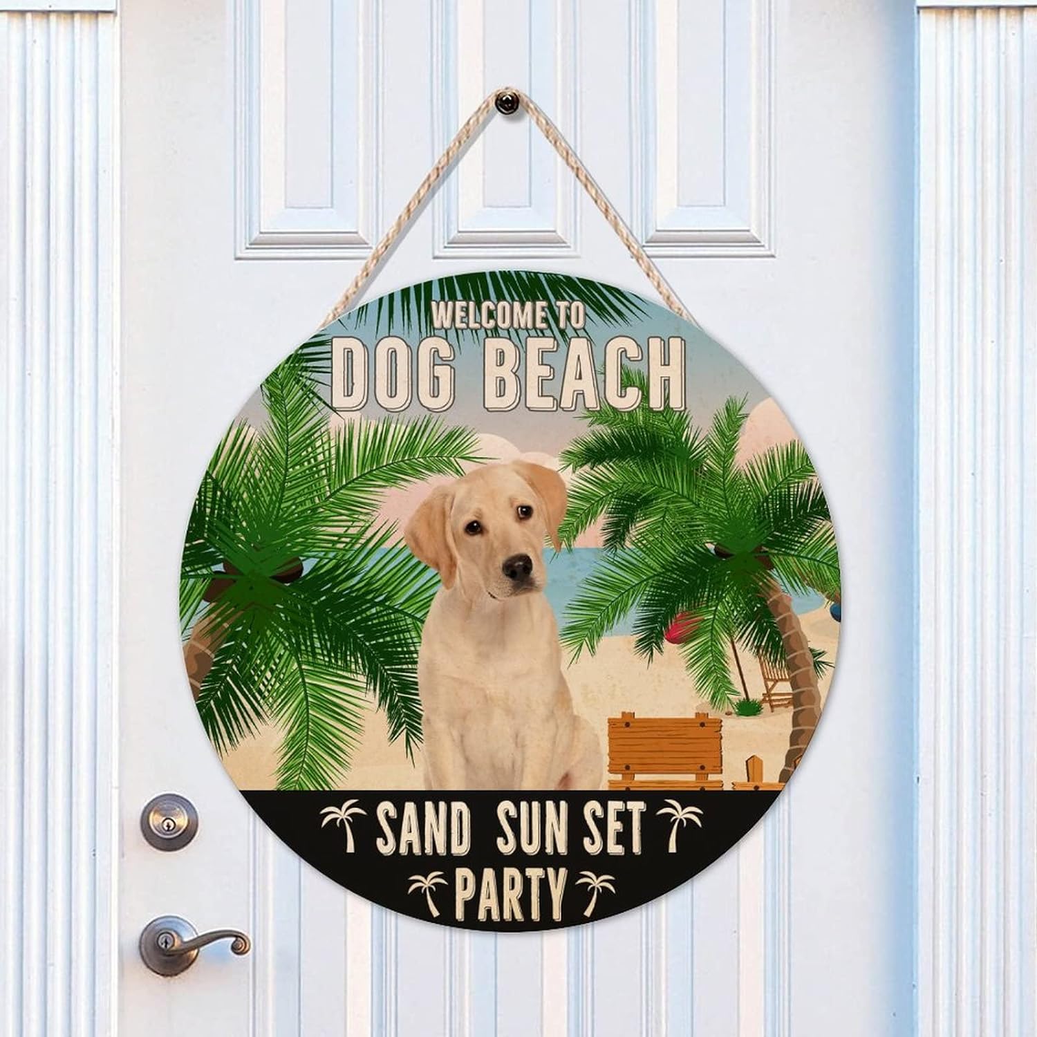 Welcome to Dog Beach Wood Door Sign, Coconut Palm Welcome Round Door ...