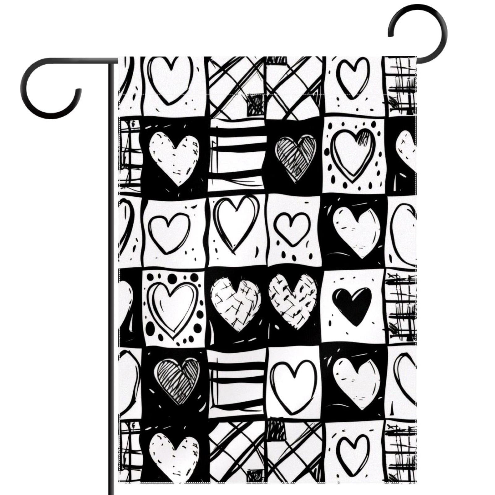 Welcome Doodle Checkerboard Texture and Hearts Garden Flag, Vertical ...
