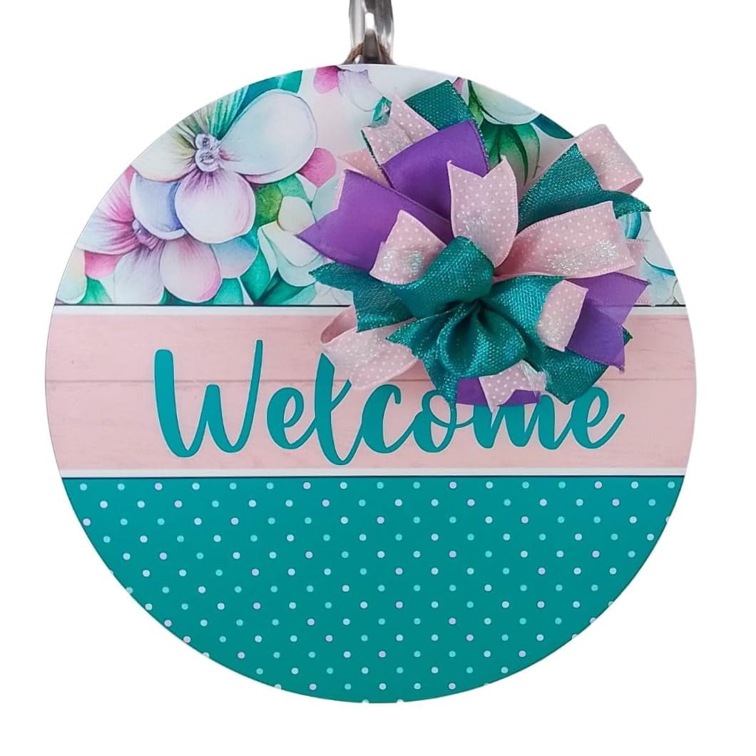 Welcome Door Hanger, Floral Teal and Coral Decor, Handmade Wood with ...