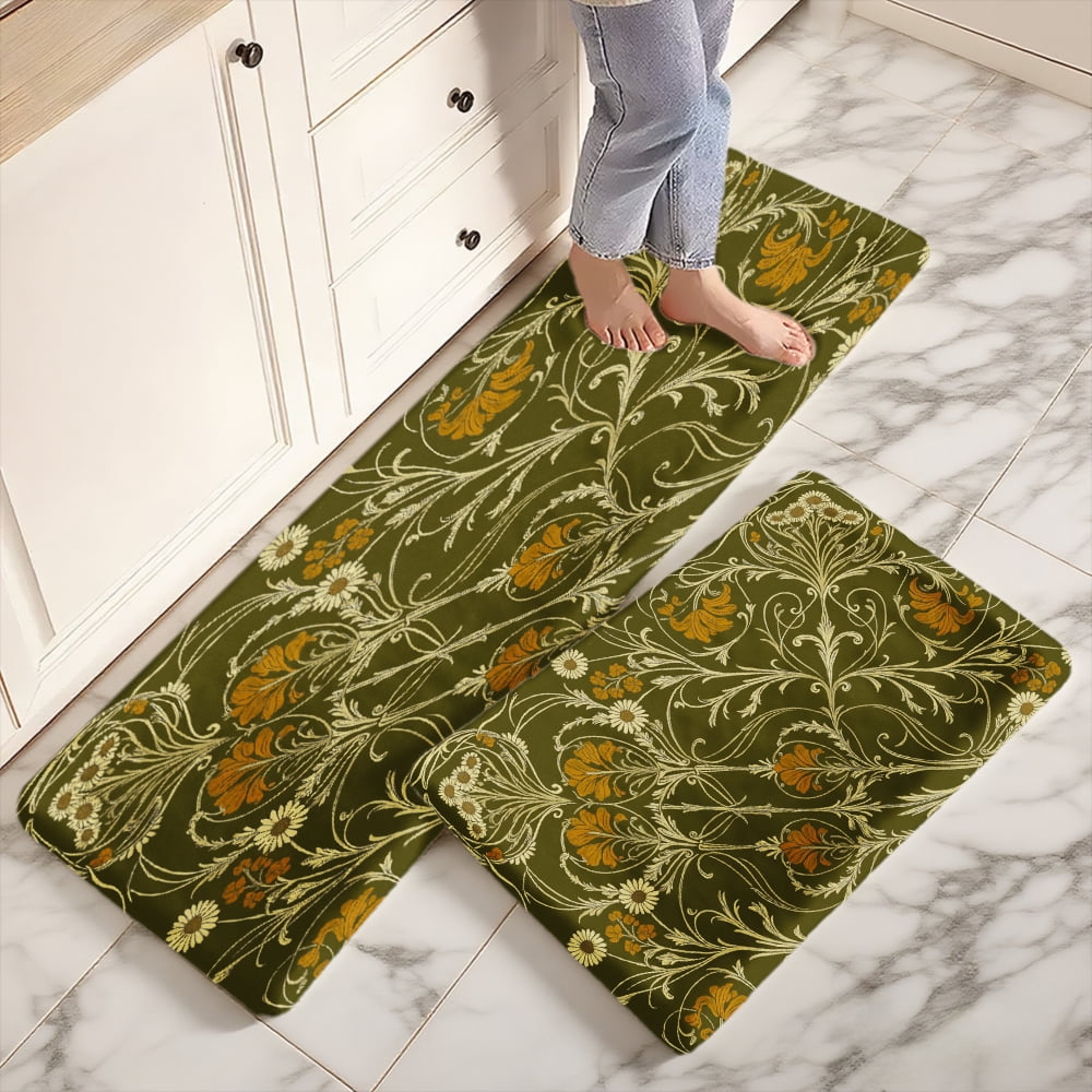 Welcome Door Mat Set, Flannel Kitchen Mat, Green Floral Vine Design ...
