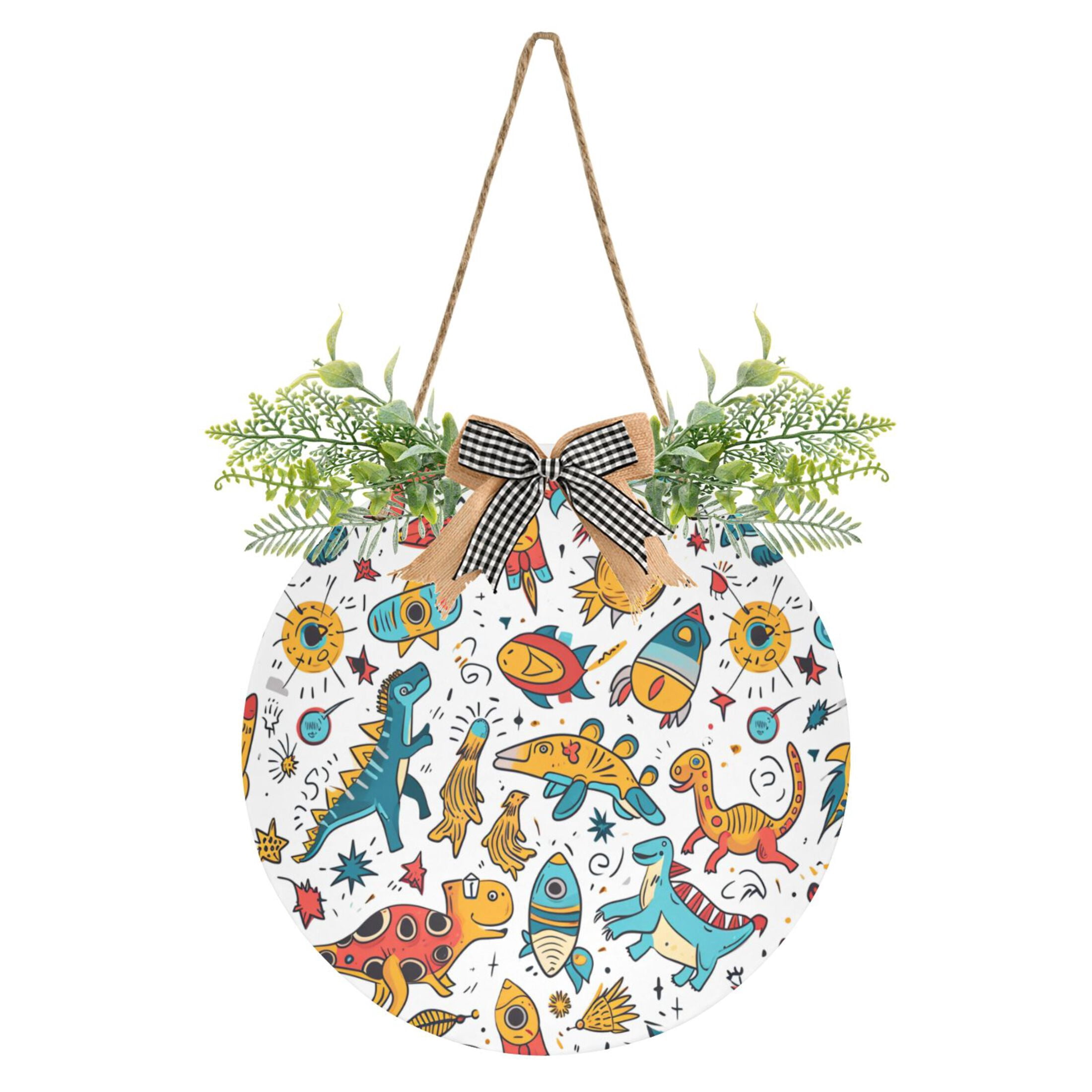 Welcome Door Sign Abstract Cartoon Dinosaurs 11.8" Round Front Entrance ...