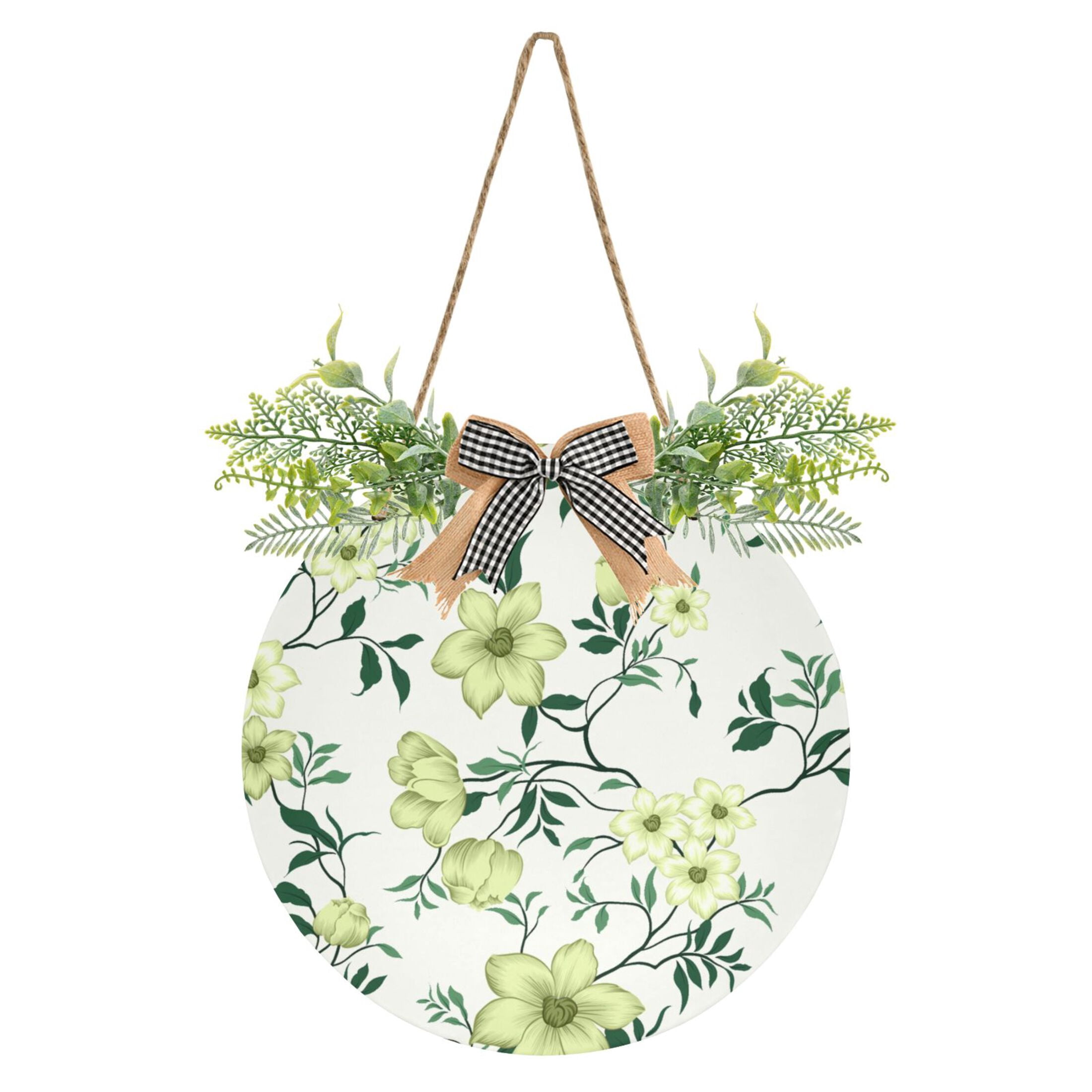Welcome Door Sign Abstract Flowers Green Floral 11.8" Round Front ...