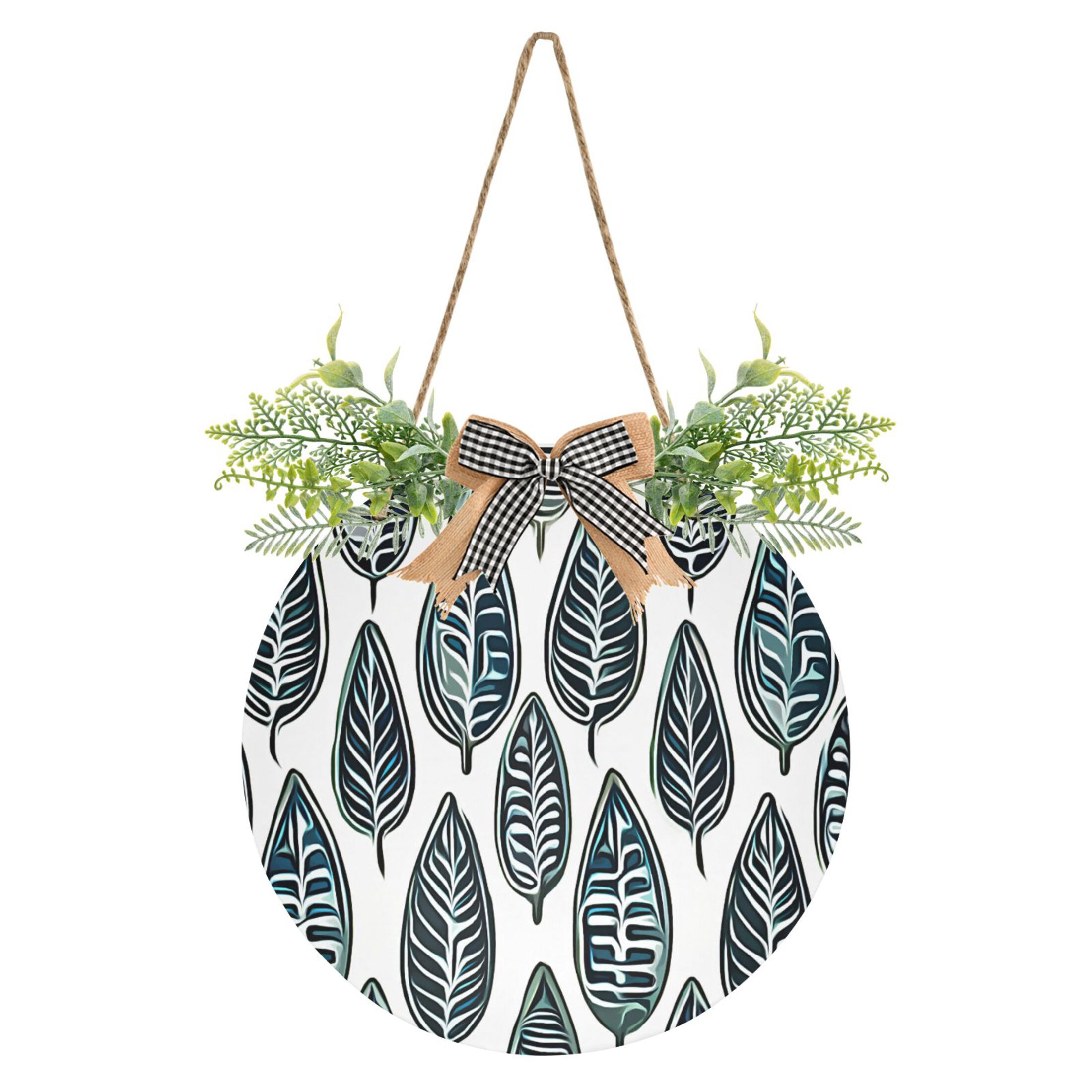 Welcome Door Sign Abstract Leaves 11.8" Round Front Entrance Hanging ...