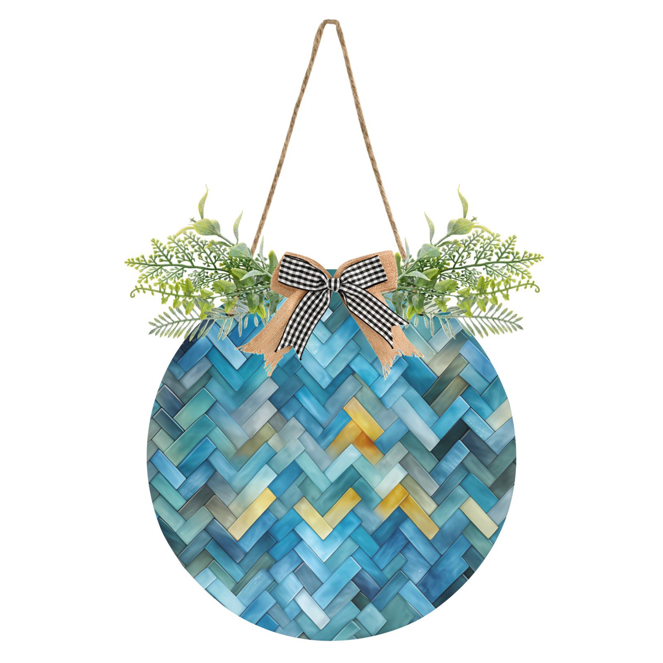 Welcome Door Sign Blue Abstract 11.8" Round Front Entrance Hanging Sign ...