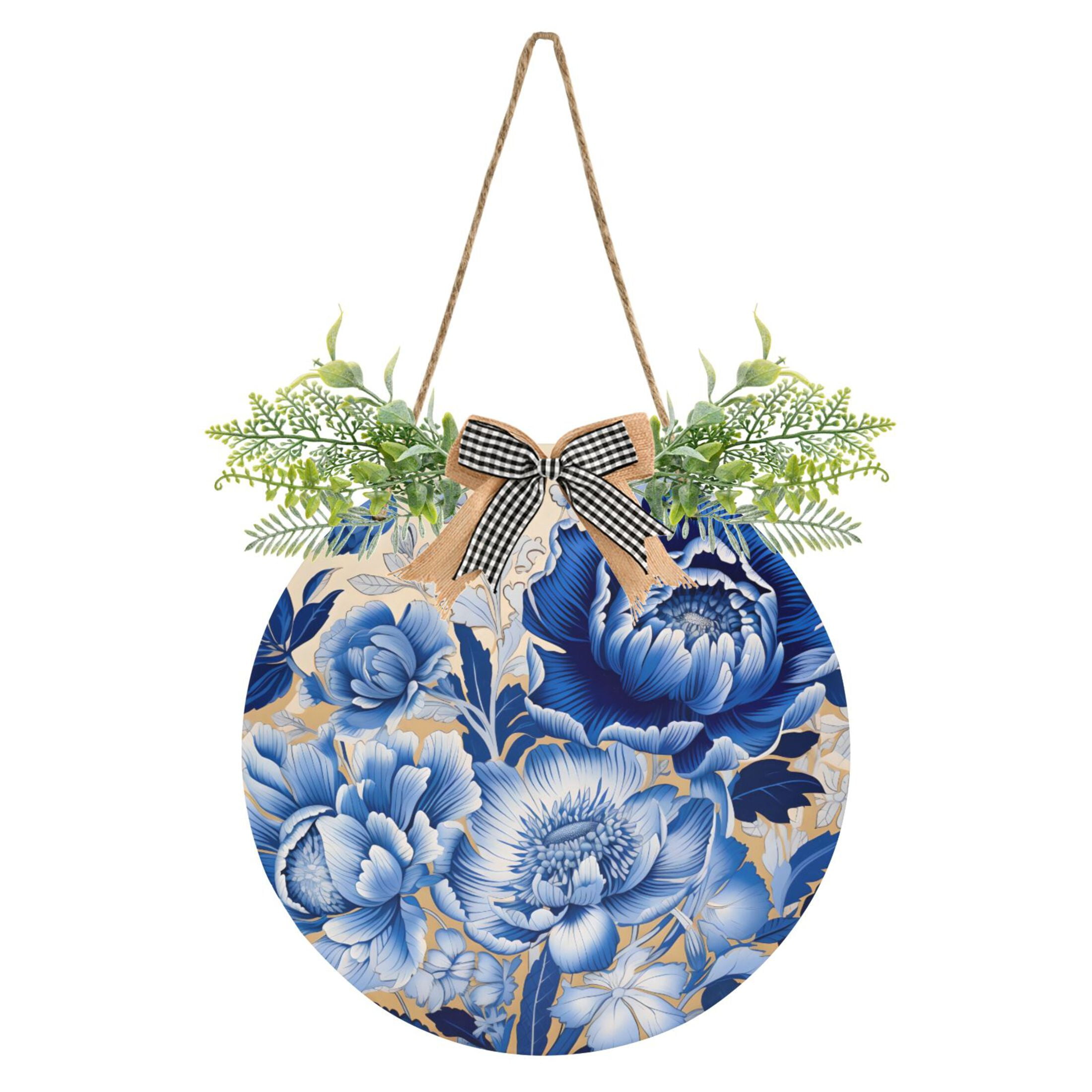 Welcome Door Sign Blue Flowers Hibiscus 11.8" Round Front Entrance ...