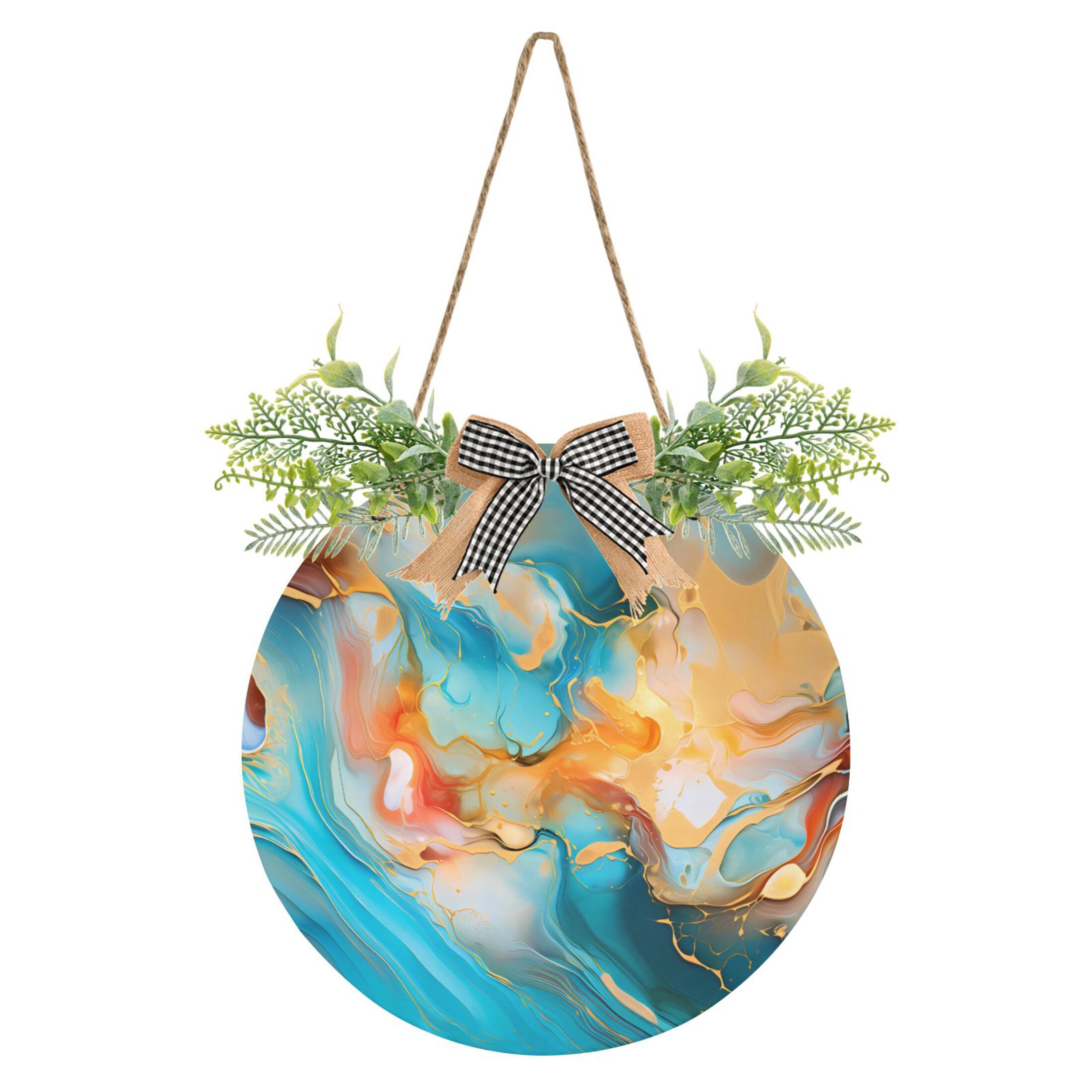 Welcome Door Sign Blue Golden Marble 11.8" Round Front Entrance Hanging ...