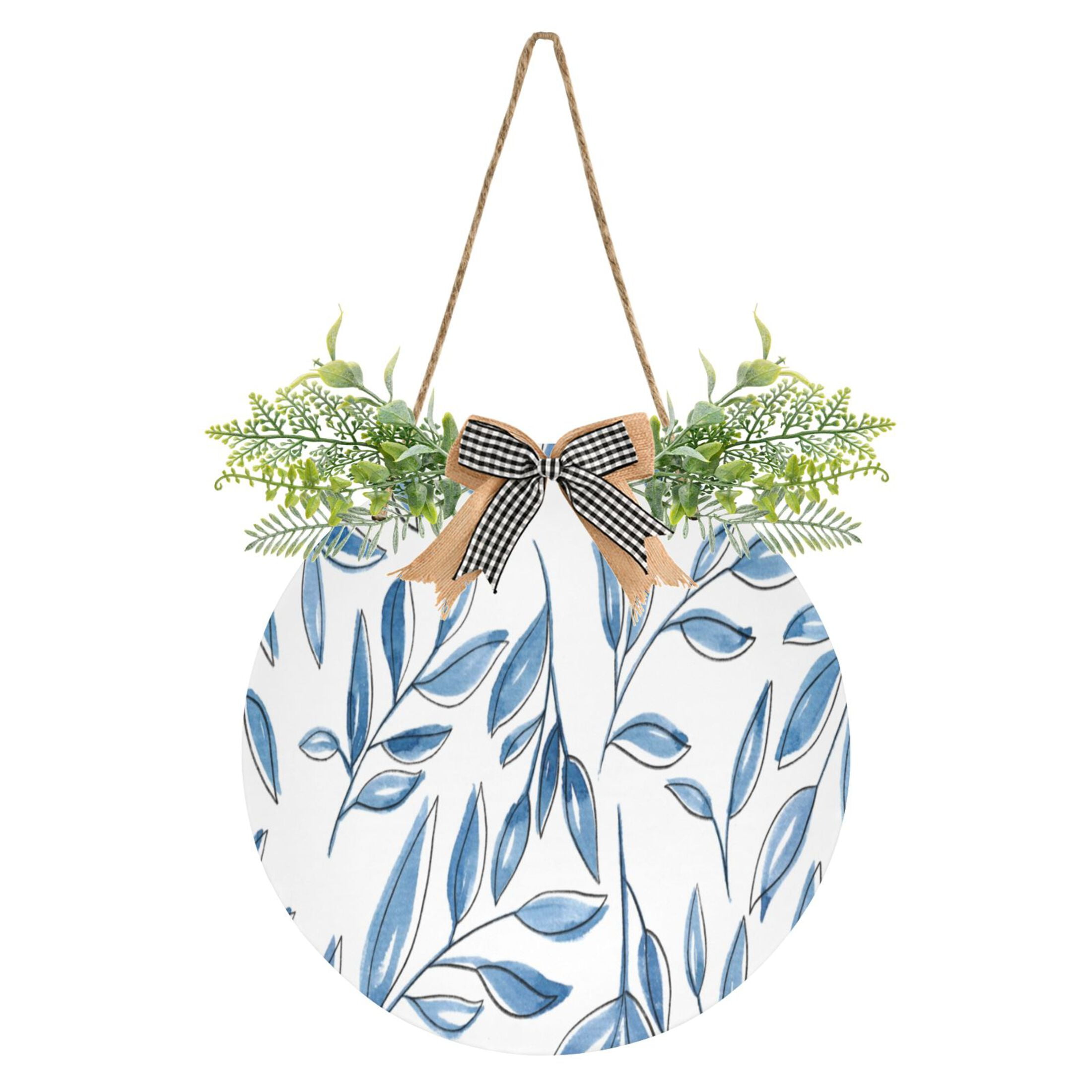Welcome Door Sign Blue Leaves 11.8" Round Front Entrance Hanging Sign ...