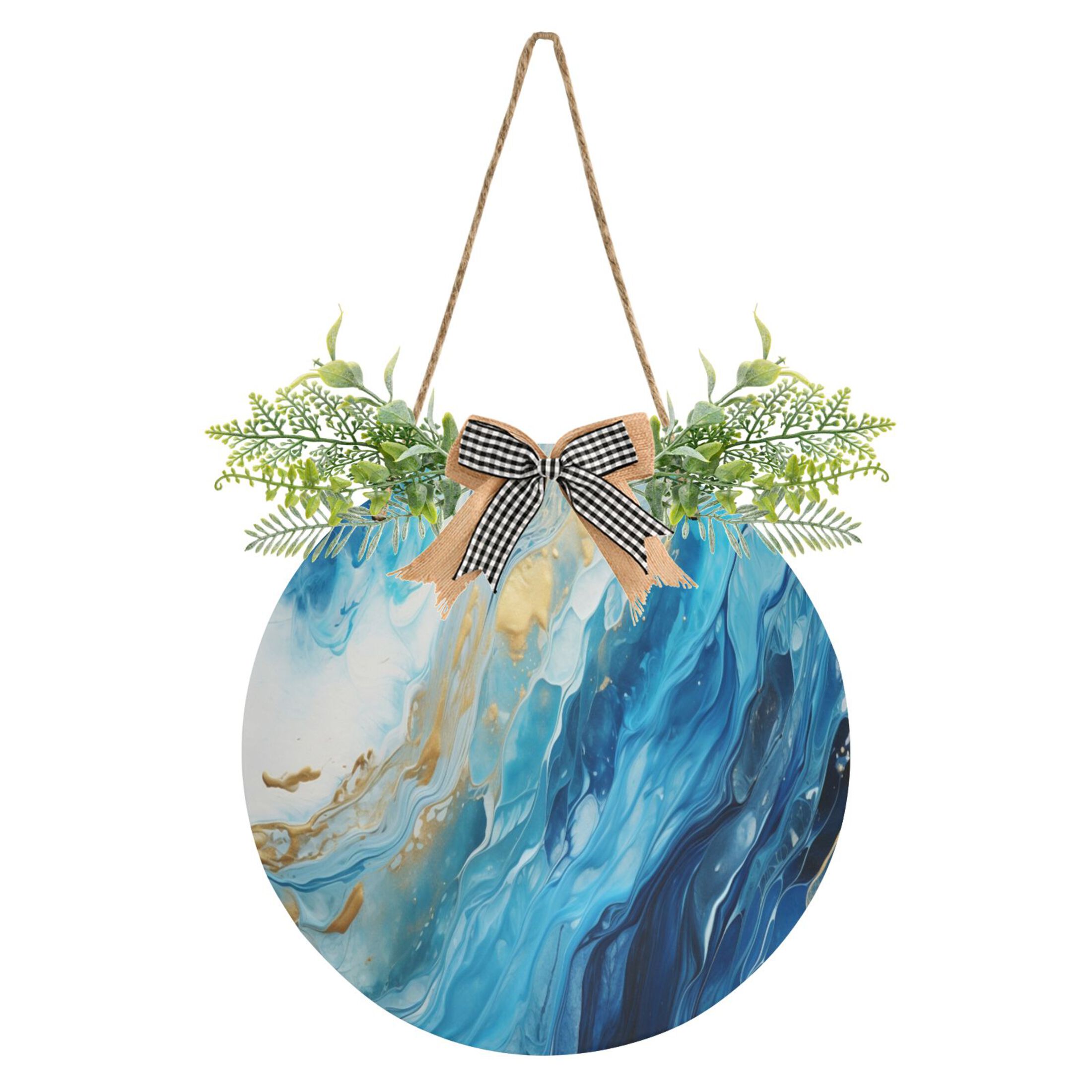 Welcome Door Sign Blue White and Gold Marble 11.8" Round Front Entrance ...