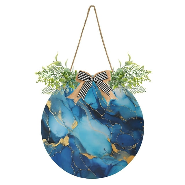 Welcome Door Sign Blue and Golden Marble 11.8" Round Front Entrance ...