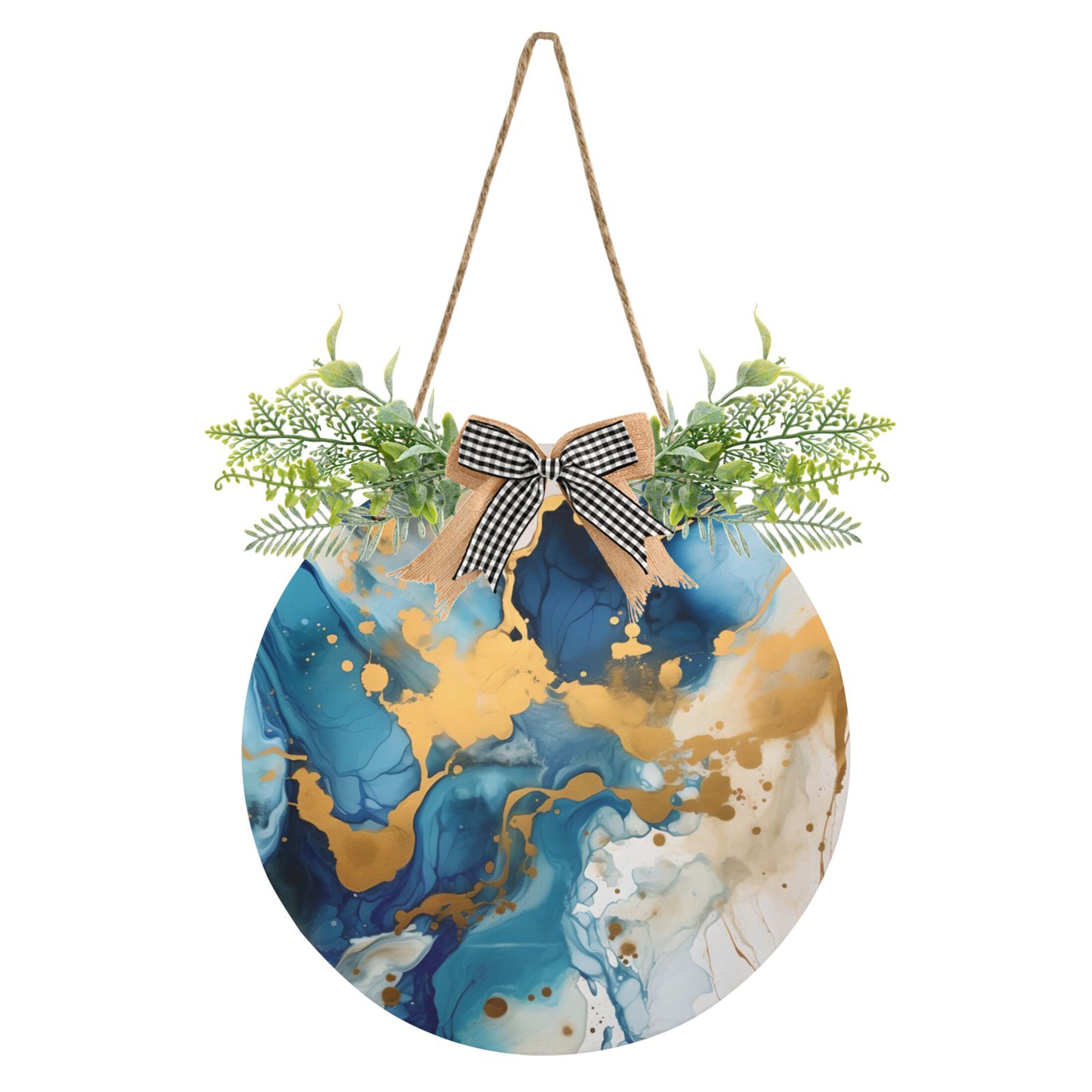 Welcome Door Sign Blue and Golden Marble 11.8" Round Front Entrance ...