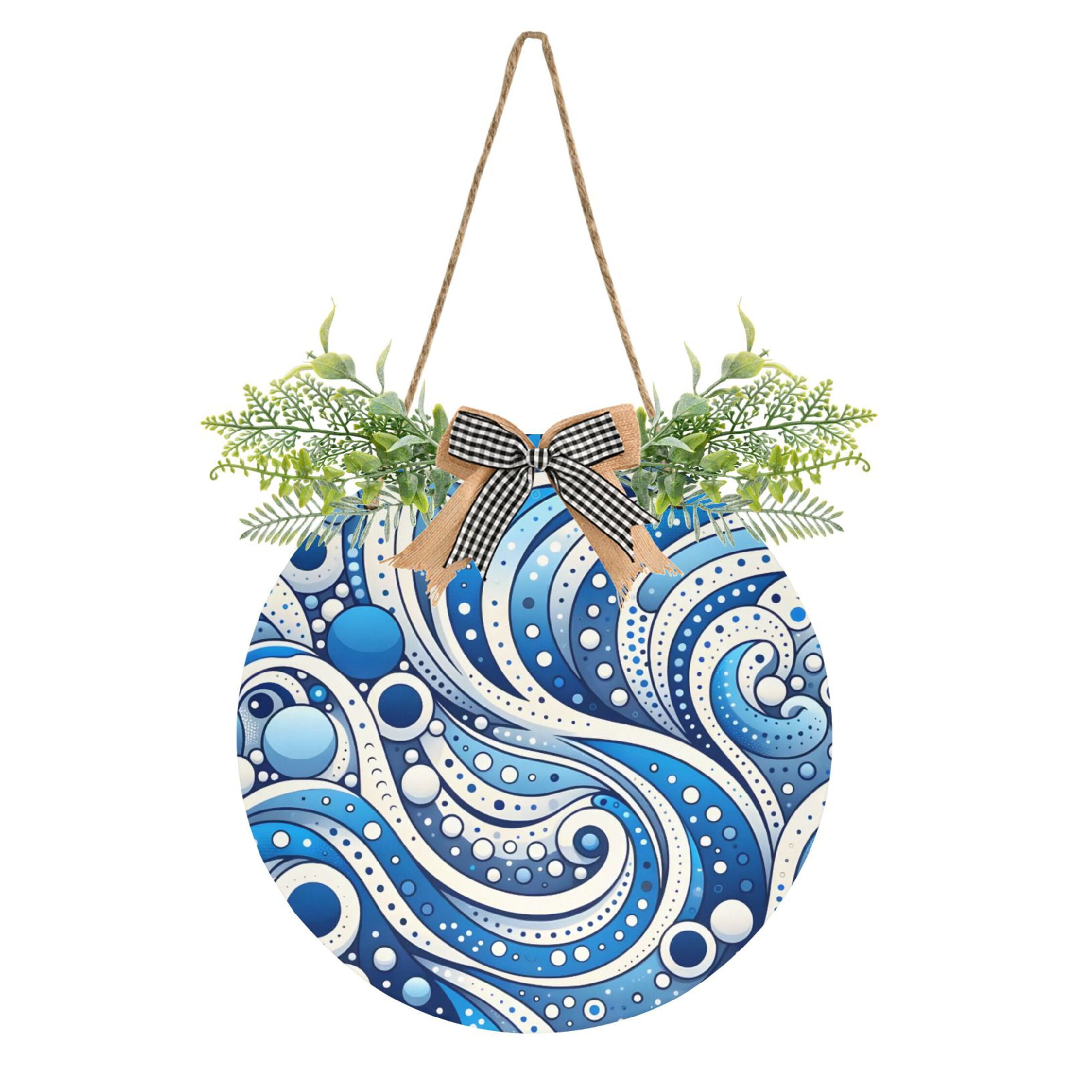 Welcome Door Sign Blue and White Print 11.8" Round Front Entrance ...