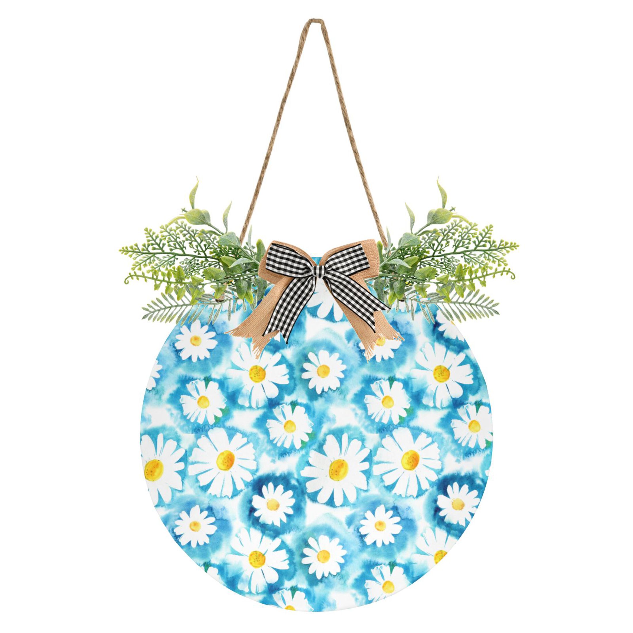 Welcome Door Sign Blue with Watercolor Daisies 11.8" Round Front ...