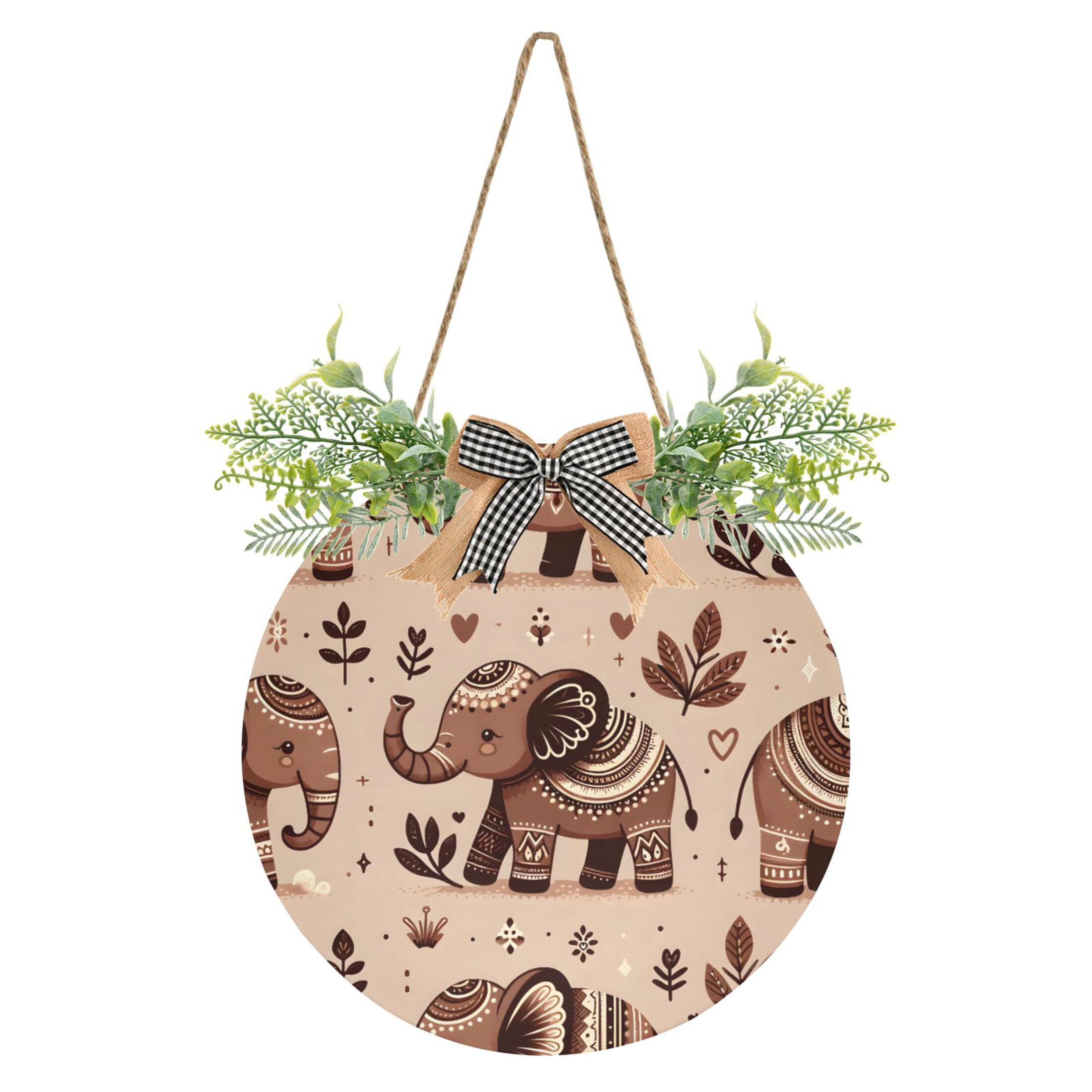 Welcome Door Sign Brown Boho Elephants 11.8" Round Front Entrance ...