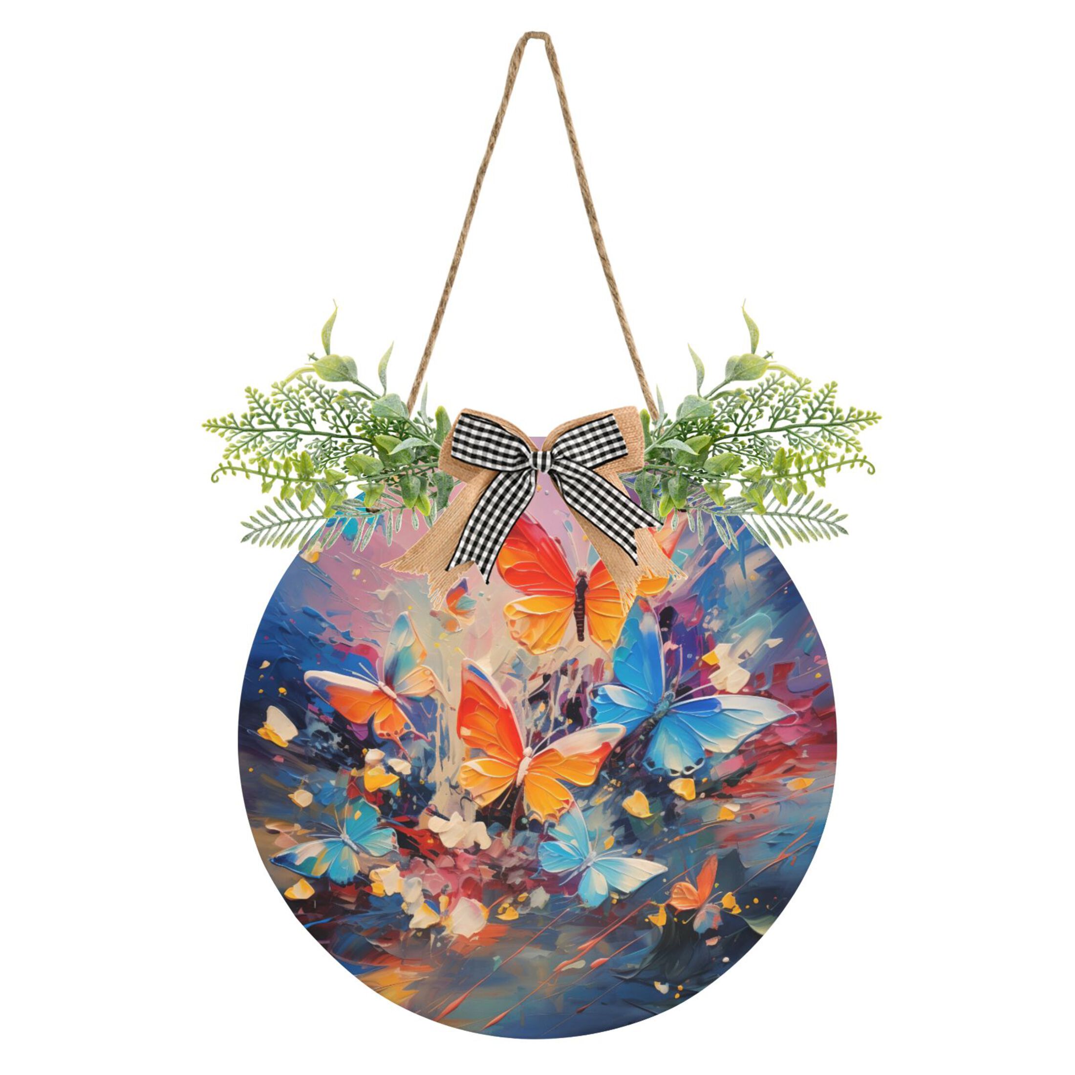 Welcome Door Sign Butterflies 11.8" Round Front Entrance Hanging Sign ...