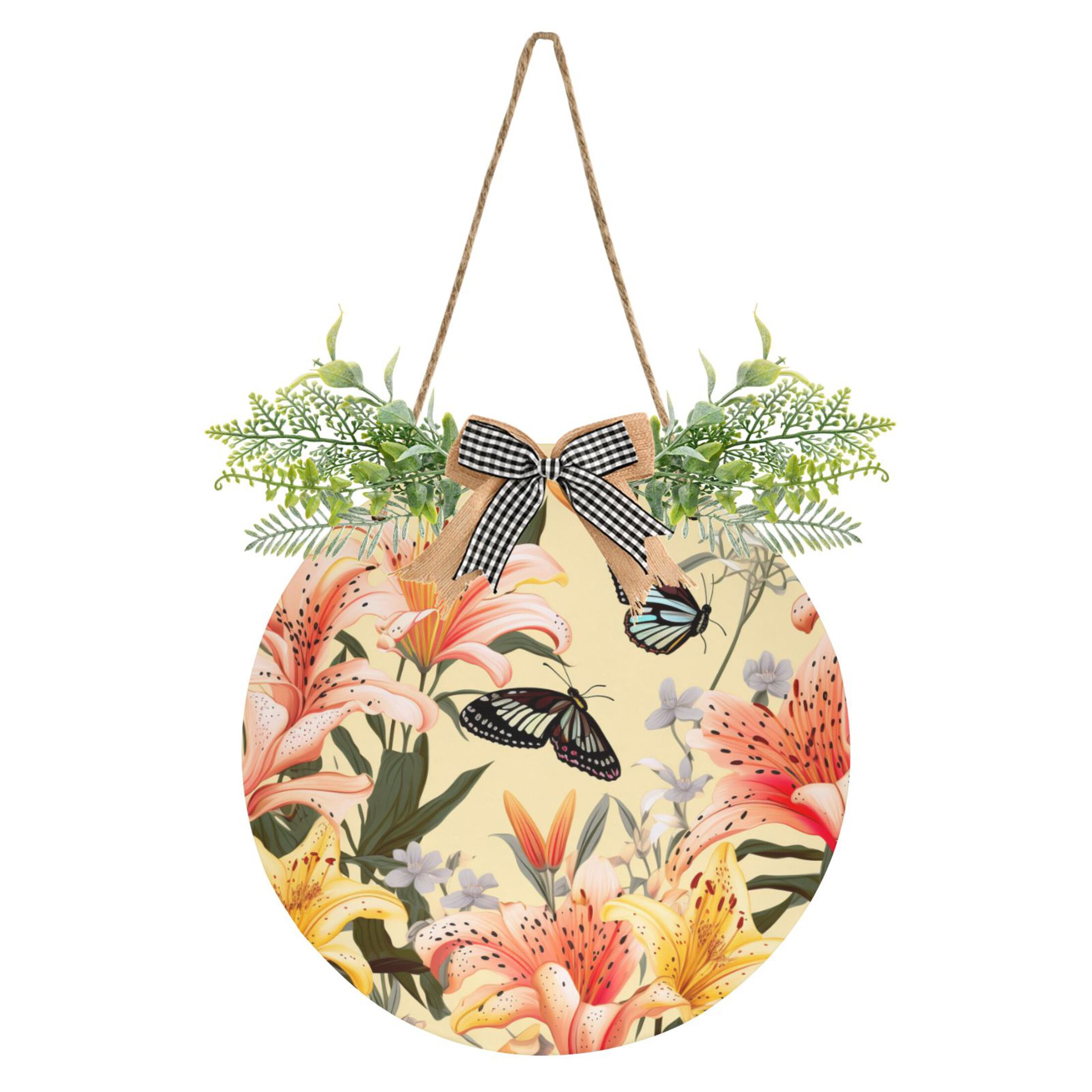 Welcome Door Sign Butterflies with Lily Floral 11.8" Round Front ...