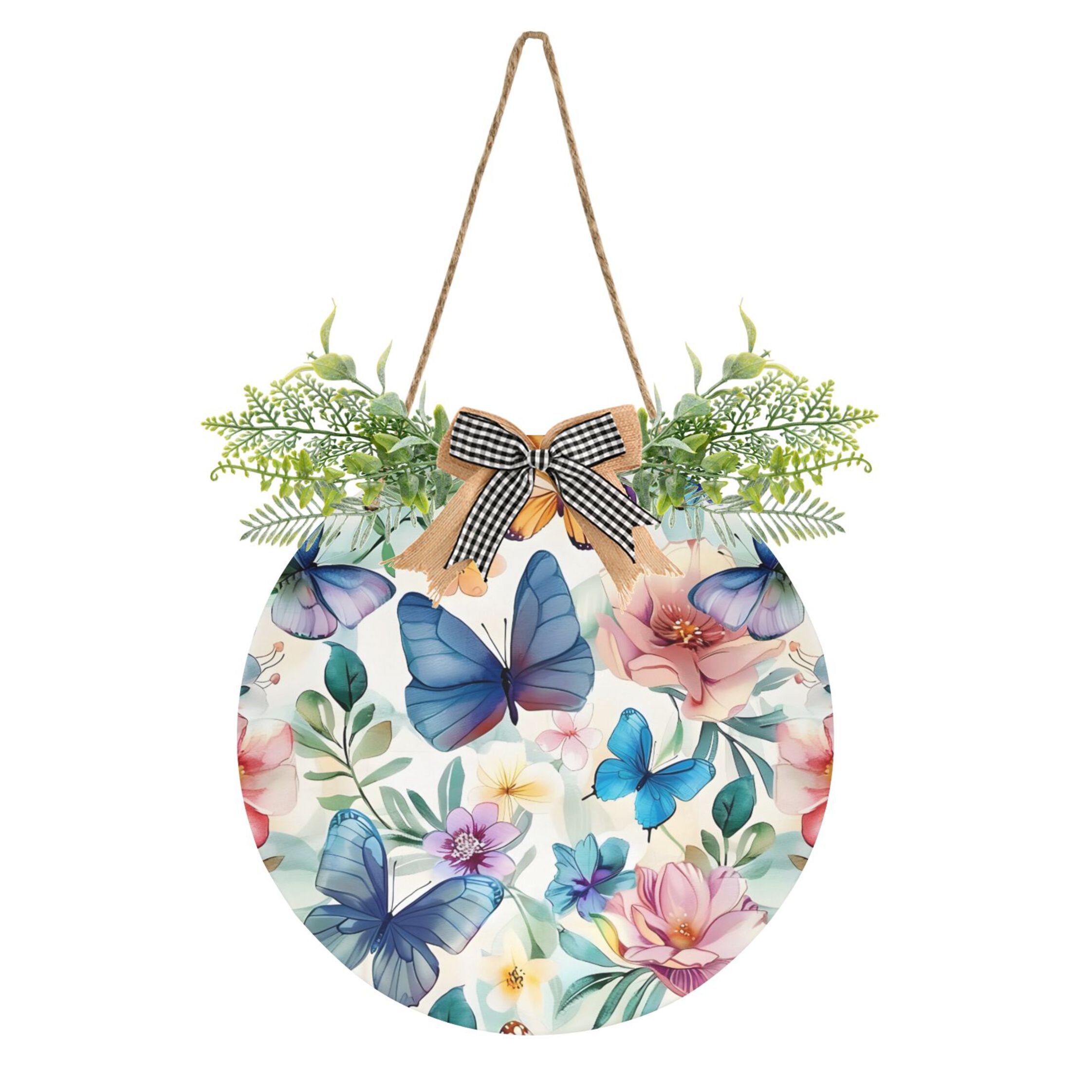 Welcome Door Sign Butterflies with Lily Flowers 11.8" Round Front ...