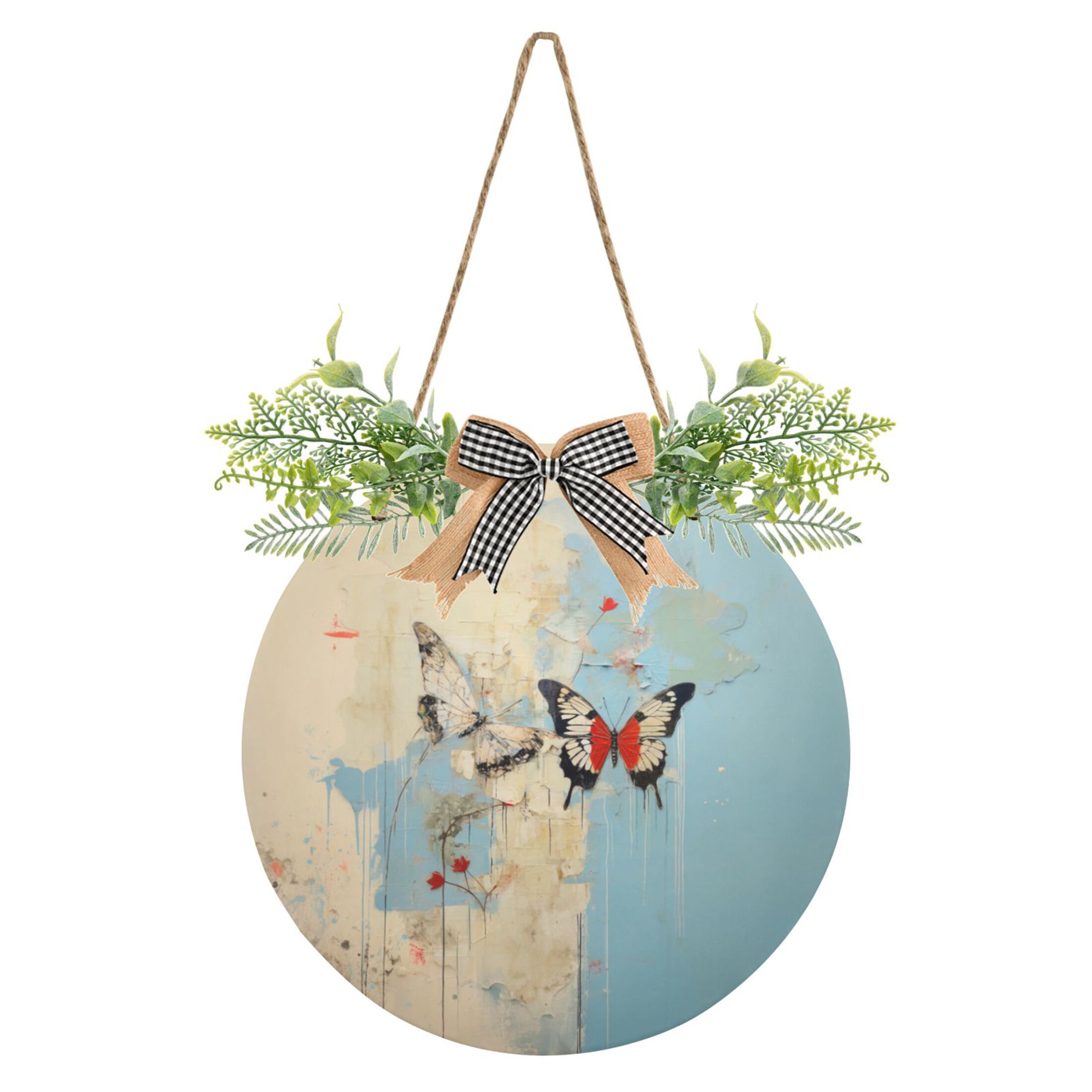 Welcome Door Sign Butterfly Paint 11.8" Round Front Entrance Hanging ...