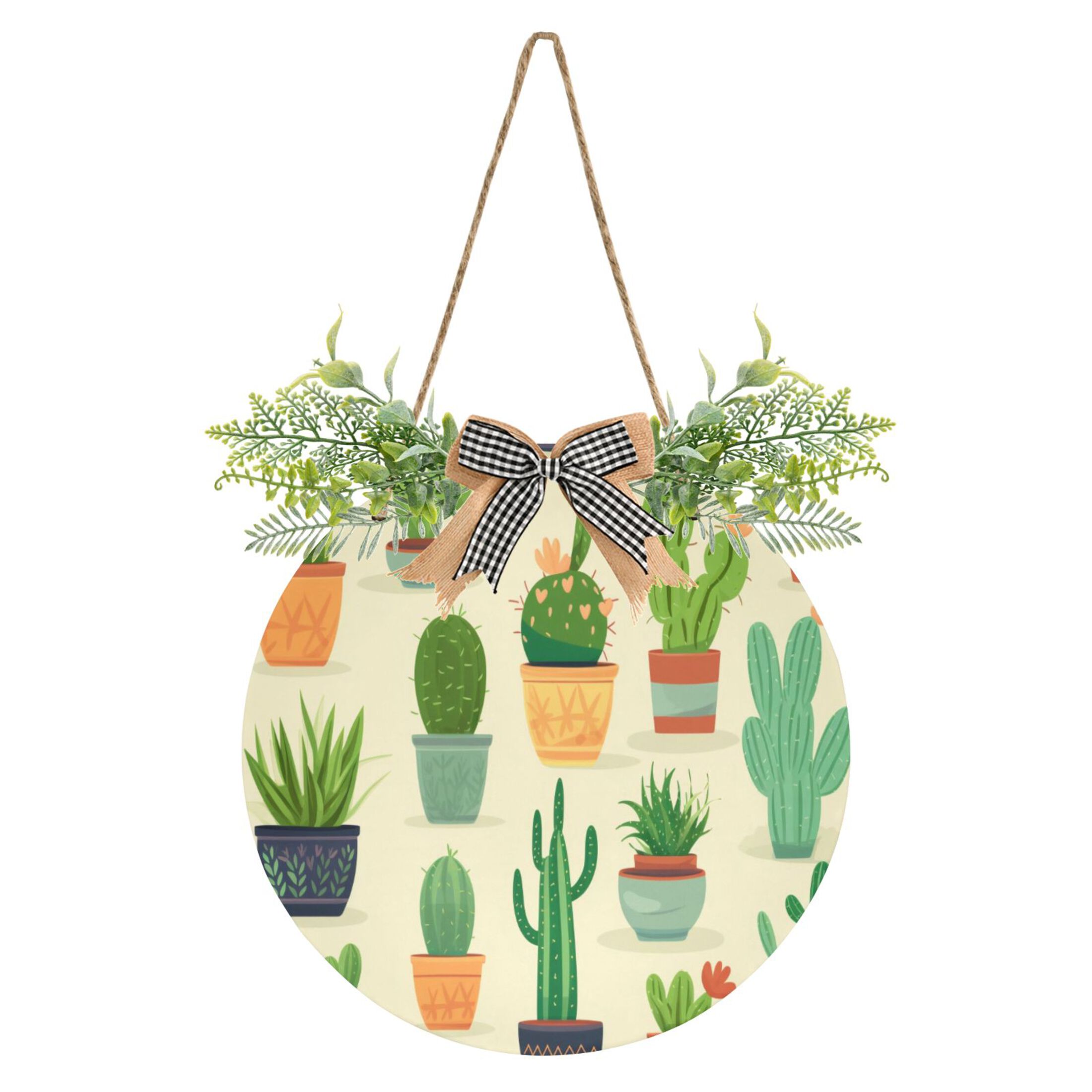 Welcome Door Sign Cactus 11.8" Round Front Entrance Hanging Sign with ...