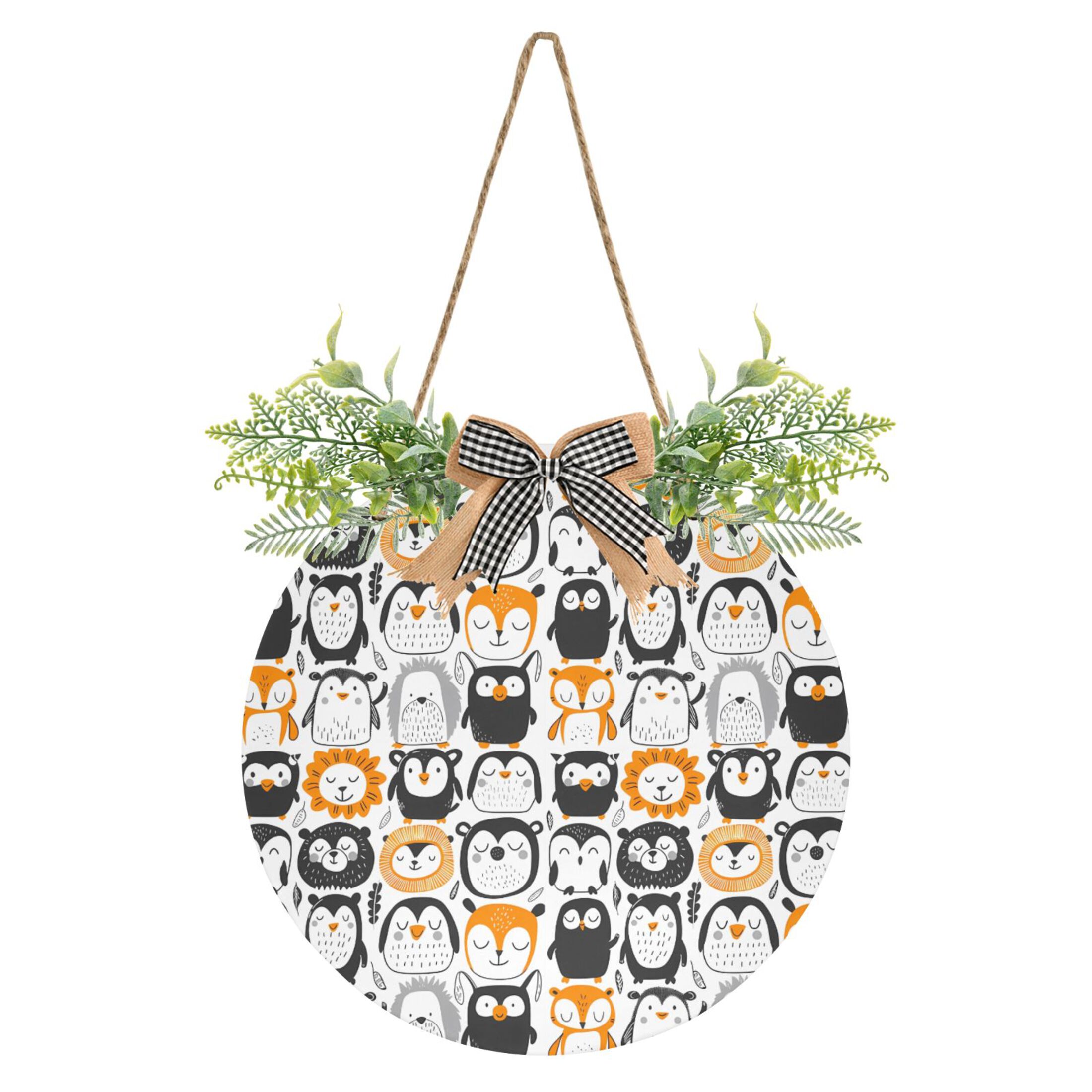 Welcome Door Sign Cartoon Lions Penguins Animals 11.8" Round Front ...